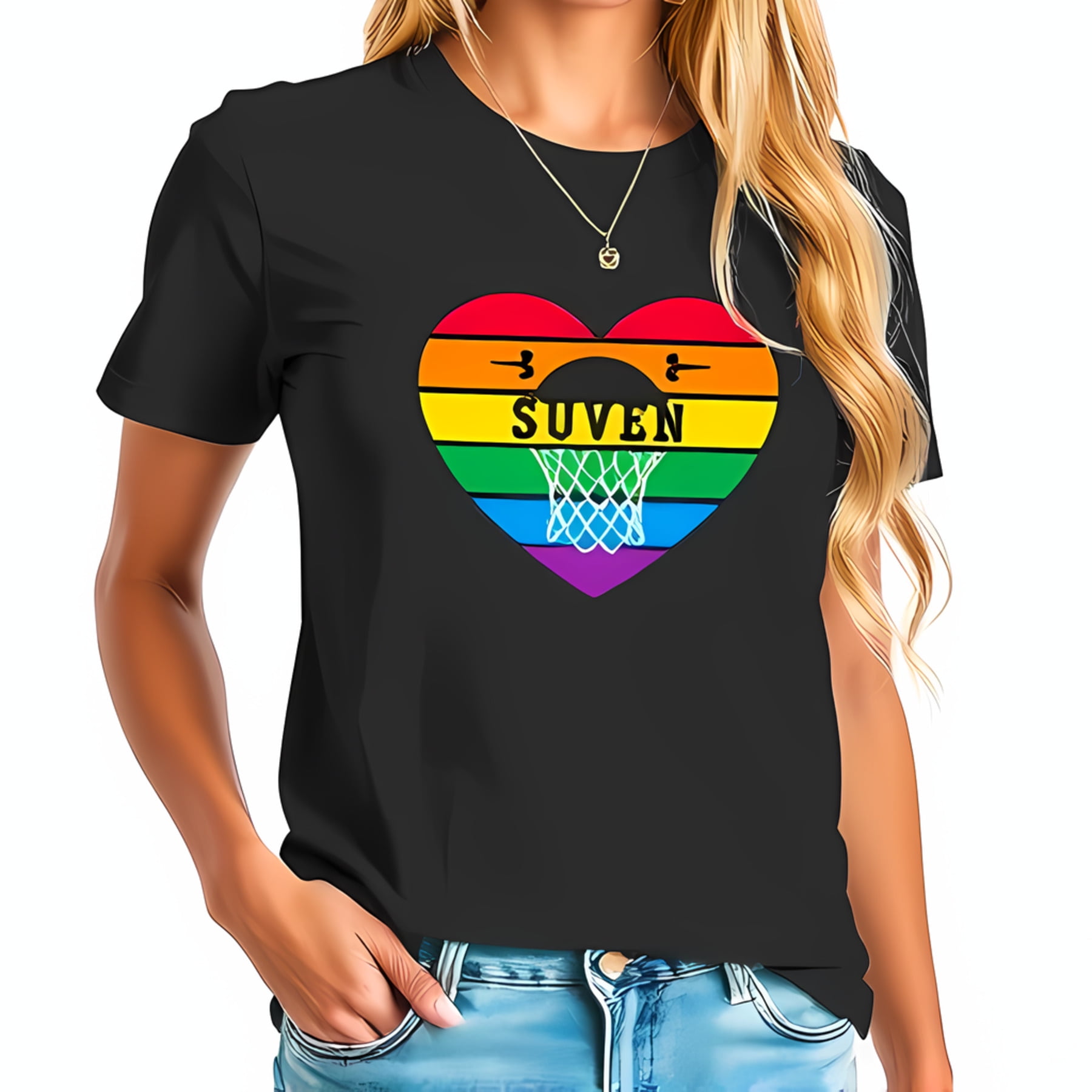 Rainbow Heart Graphic Cotton Short Sleeve T-Shirt for Women - Sporty ...
