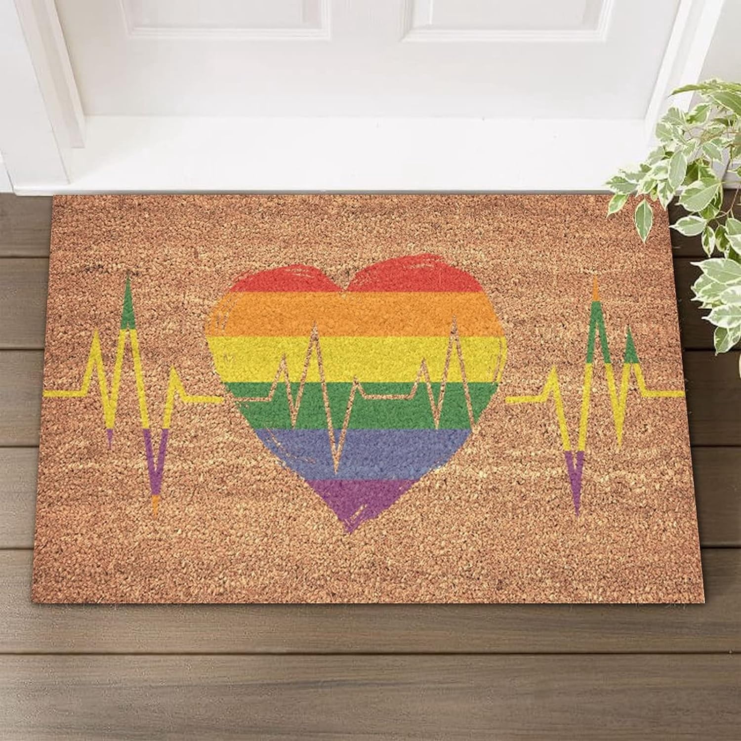 Rainbow Heart Heartbeat Coir Doormat Easy to Clean Outdoor Floor Mat ...