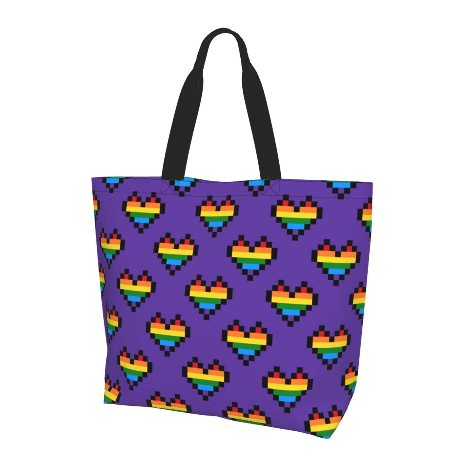 Rainbow Heart Pixel Art LGBT Women Reusable Bag Large Shoulder Handbag ...