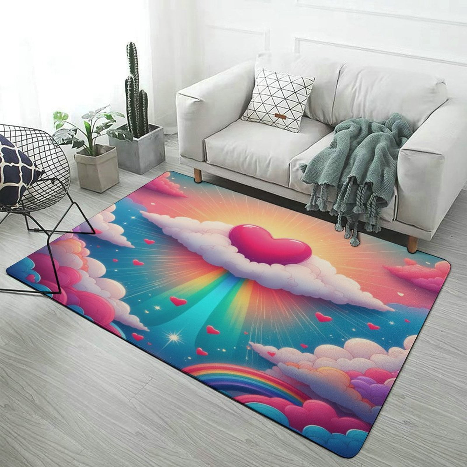 Rainbow Heart in Clouds Carpet Style Living Room Bedroom Rug Soft ...