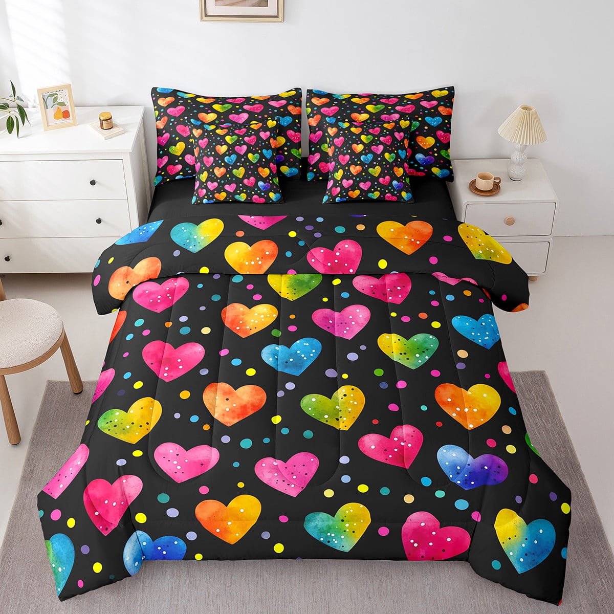 Rainbow Hearts King Bedding Set 7 Pieces,Watercolor Love Hearts Polka ...