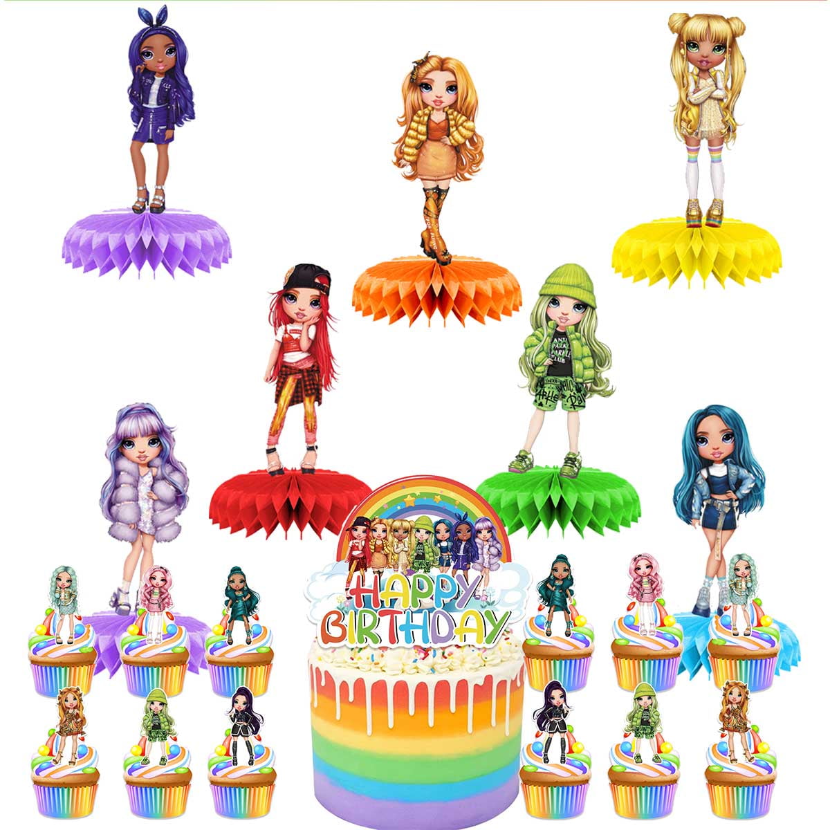 Rainbow High Dolls Table Toppers Honeycomb Centerpieces Cake Toppers ...