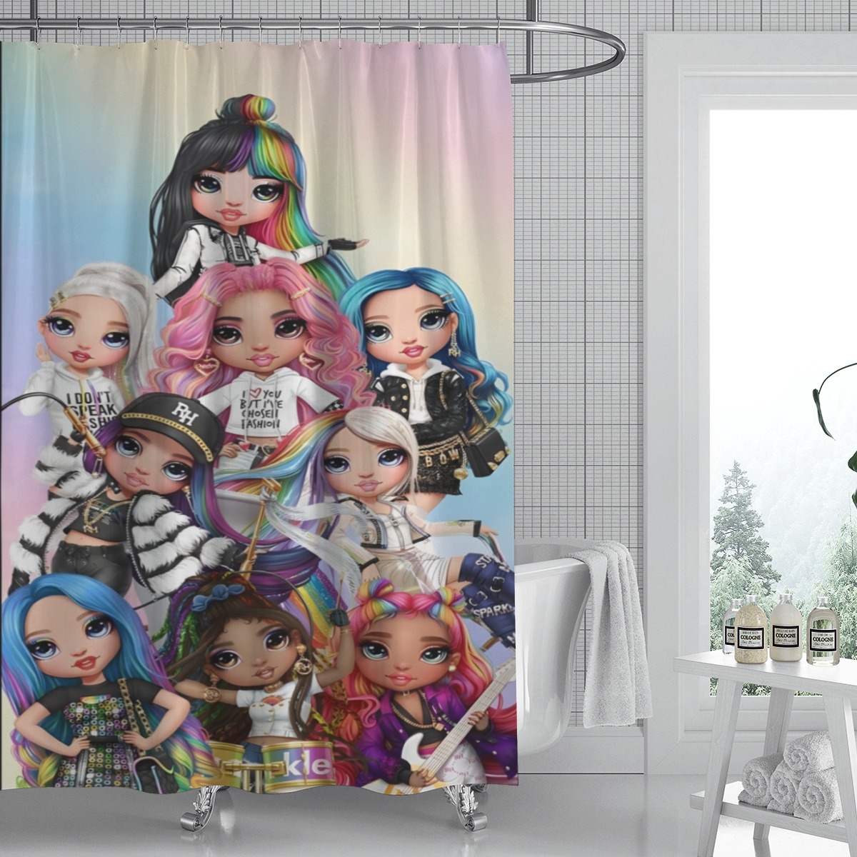 Rainbow High Dolls shower curtain showcases an iconic print, is ...