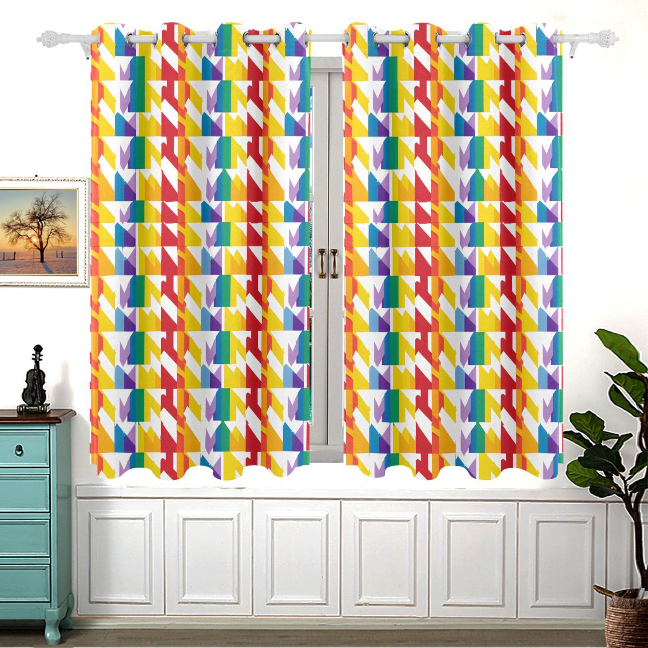 Rainbow Hounds Tooth Blackout Curtains 54 inch Length 2 Panels Grommet ...