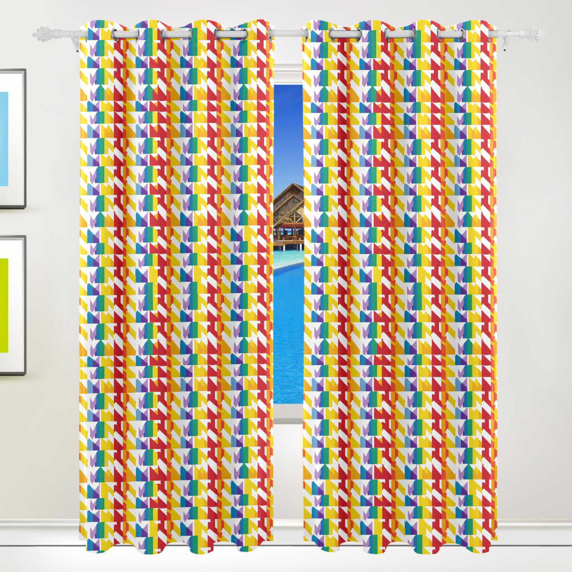 Rainbow Hounds Tooth Blackout Curtains 72 inch Length 2 Panels Grommet ...