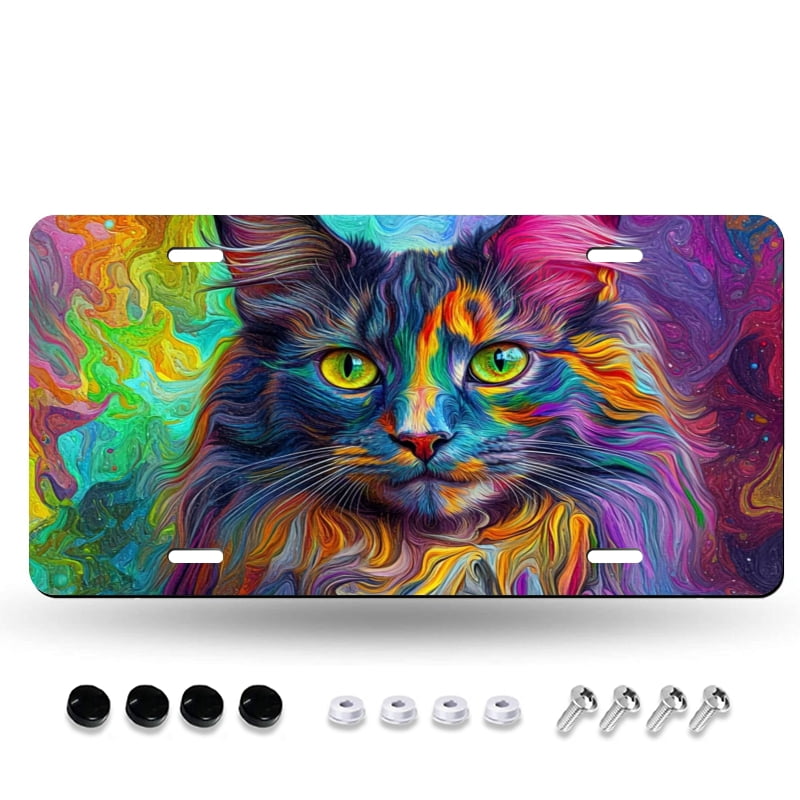 Rainbow - Hued Cat with Enchanting Green Eyes License Plate Frame ...