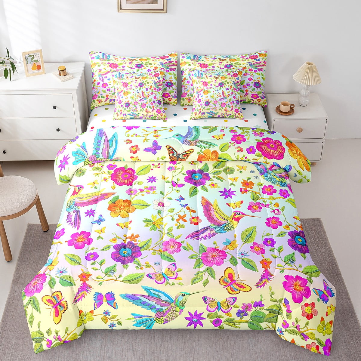 Rainbow Hummingbird Bedding Set Twin,Groovy Flower Floral Comforter Set ...