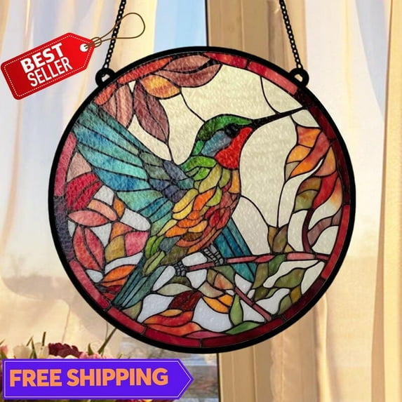 Rainbow Hummingbird Suncatcher, Glass-Effect Round Fall Leaves Panel ...