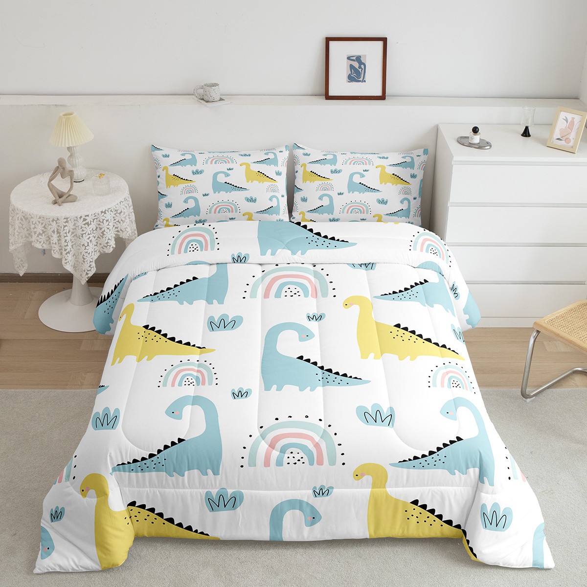 Rainbow Kids Bedding Set Girls Boys Bedroom Decor,Teal Yellow Dinosaurs ...