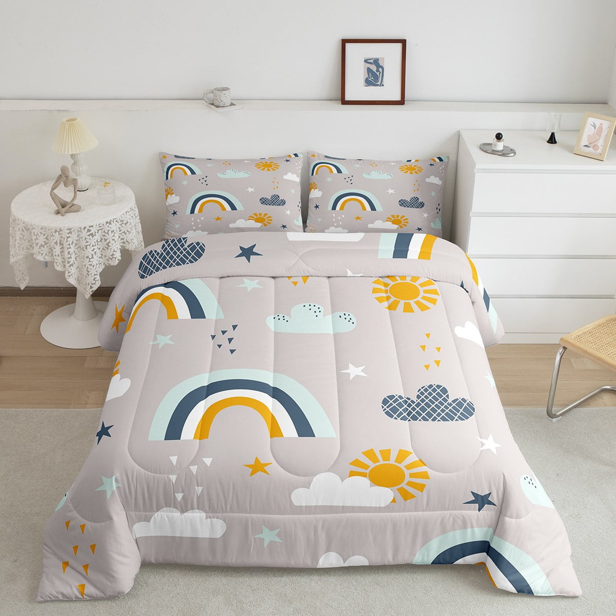 Rainbow King Bed Comforter Set, Cartoon Sun Cloud Comforter Set Cartoon ...