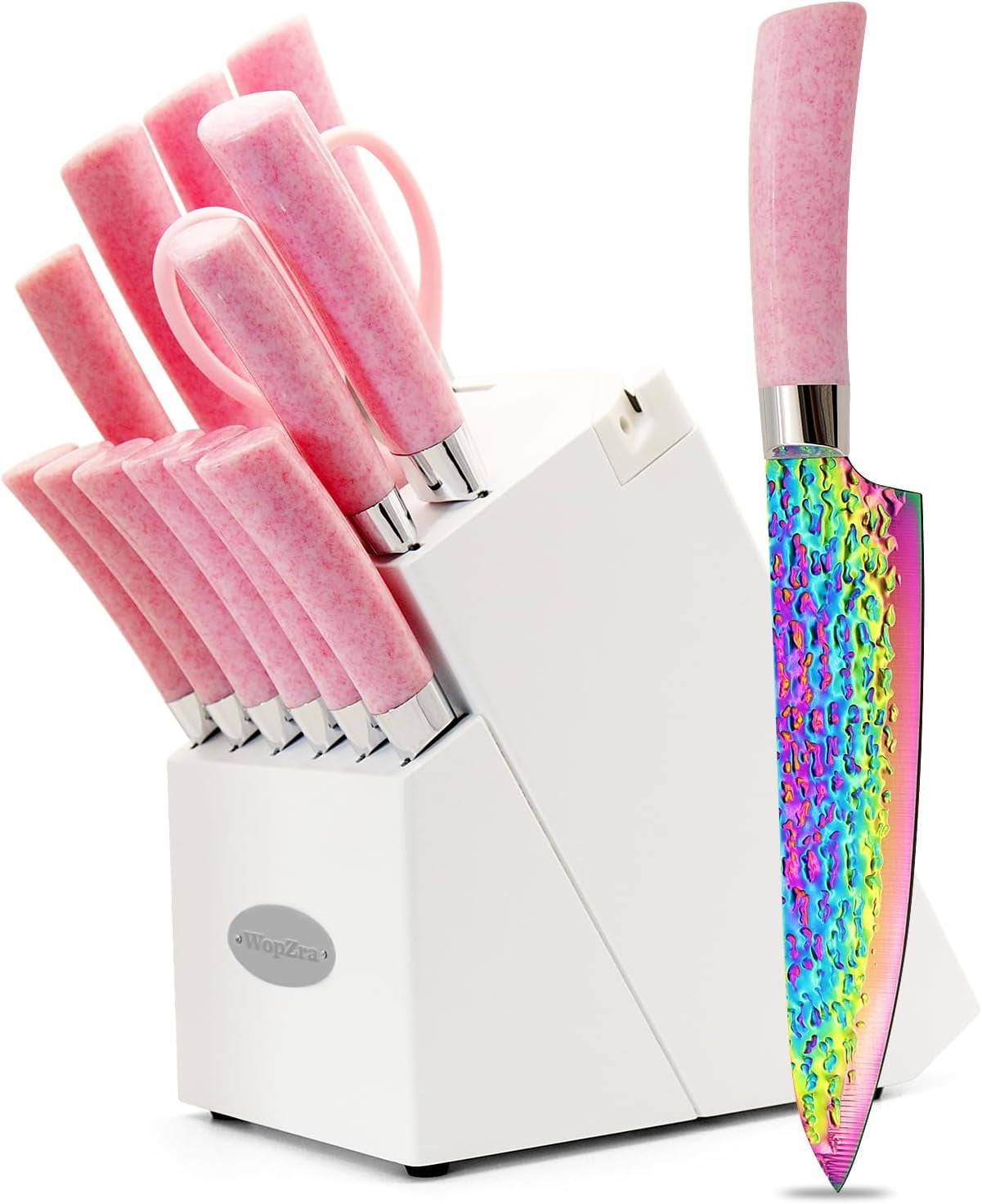 Rainbow Kitchen Knife Set Non Stick Knives with Wood Storage, Serrated ...