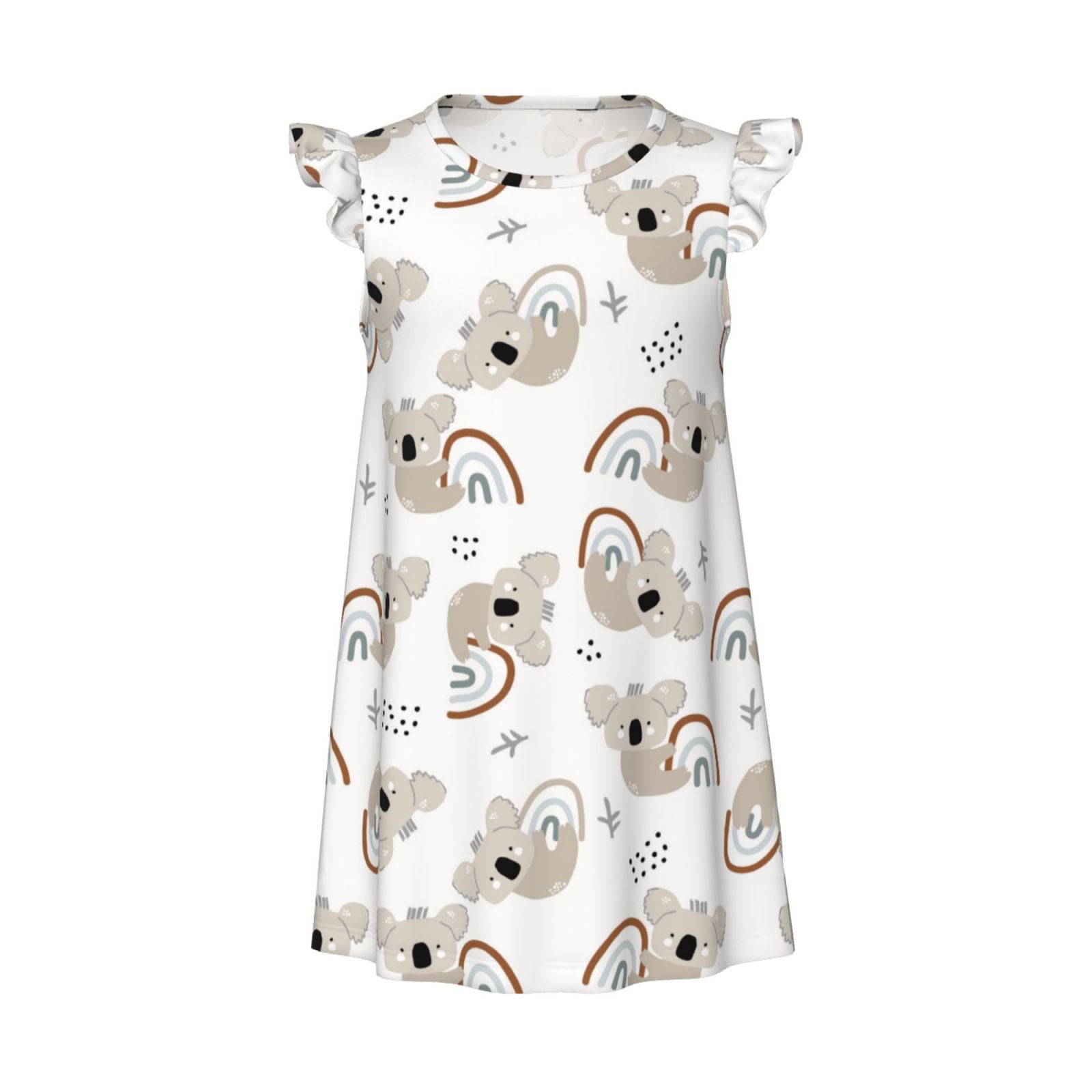 Rainbow Koala Print Girls Nightgowns, Short Sleeves Princess Dress ...