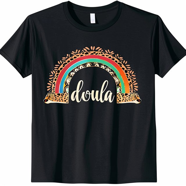 Rainbow Leopard Print Doula Cursive Graphic Black T Shirt Boho Style ...