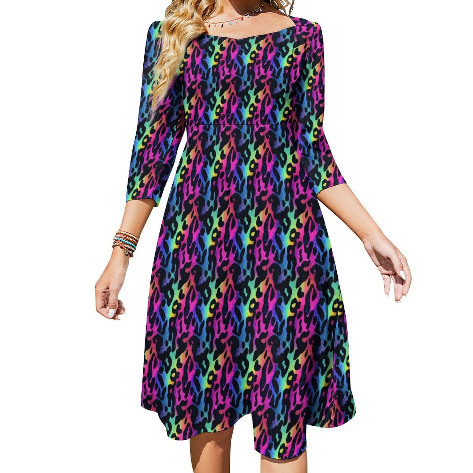 Rainbow Leopard Print Womens Summer Dress Tie Back A Line Flare Dress ...