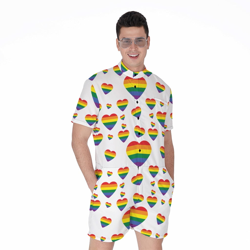 Rainbow Lgbt Heart Pattern Short Sleeve Men'S Rompers, Lgbt Lgbtq+ ...