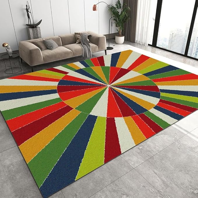 Rainbow Line Art Area Rug, Boho Mid Century Decorative Rug, Easy Clean ...