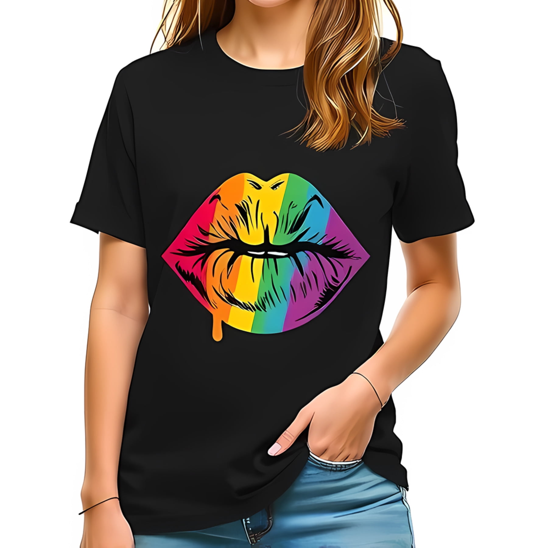 Rainbow Lips Graphic Cotton Short Sleeve T-Shirt - Bold Dripping Design ...