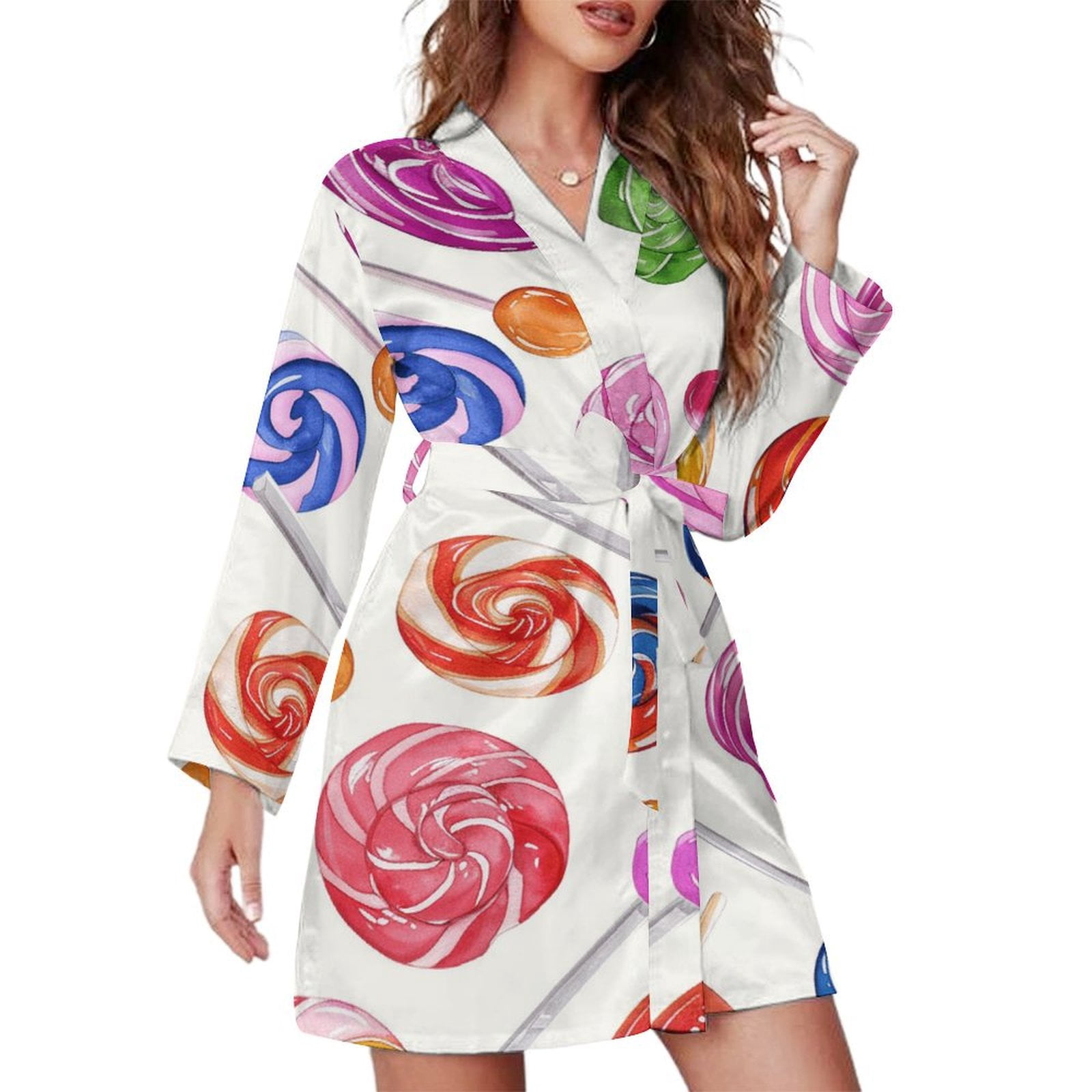 Rainbow Lollipop Night Robe Long Sleeve V Neck Robe With Belt Women's ...
