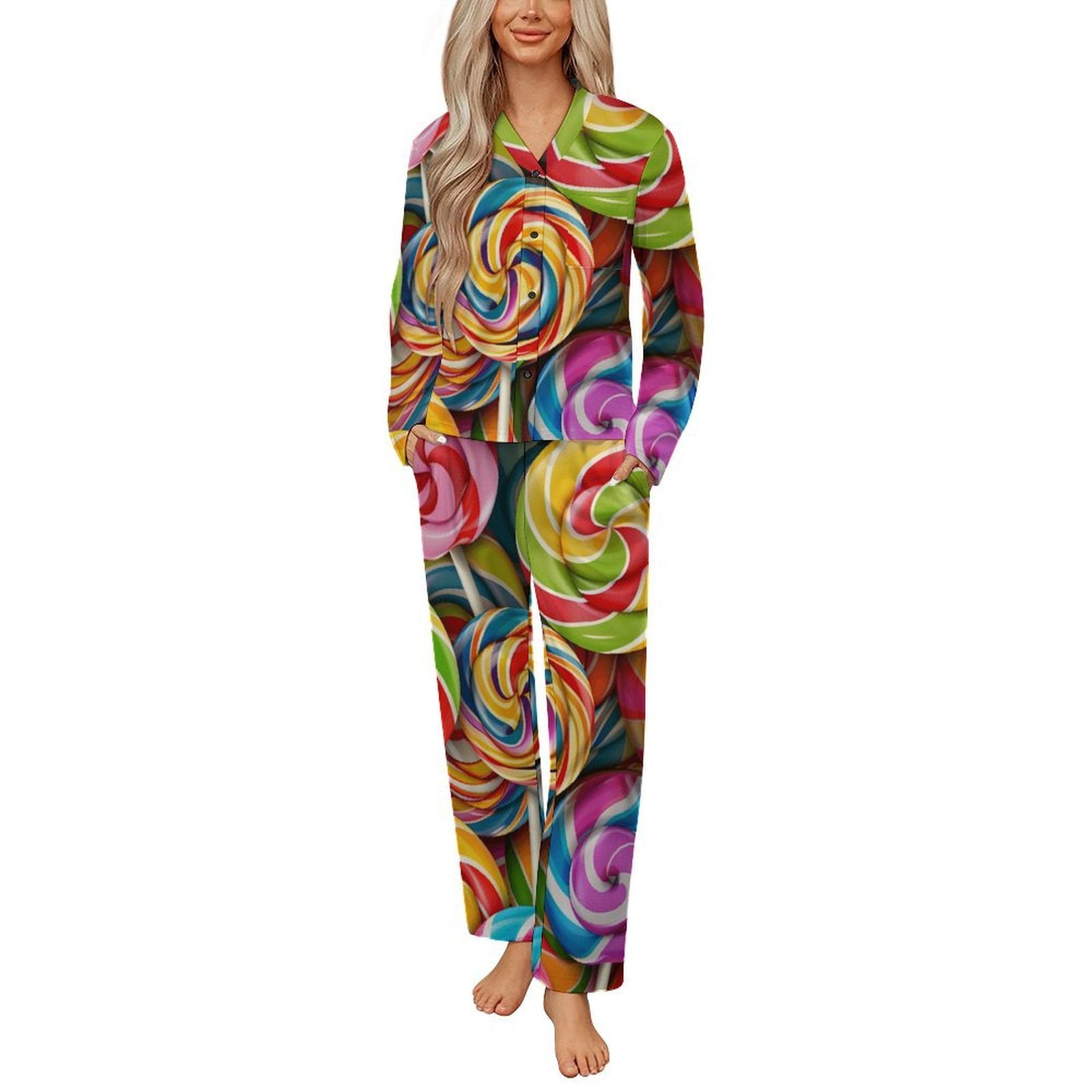 Rainbow Lollipop Womens Pyjamas Set Button Up Pyjamas Womens with Long ...