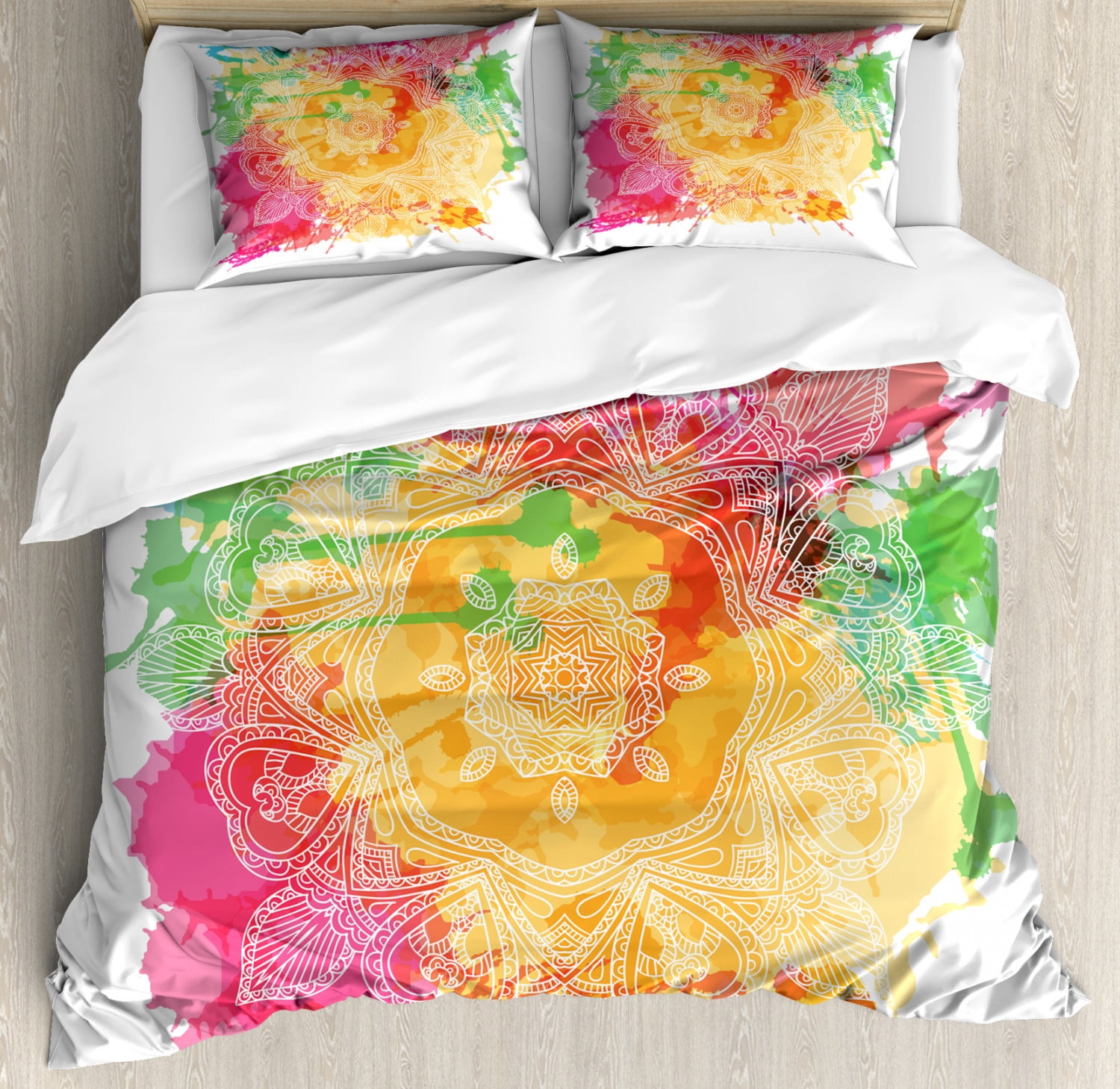 Rainbow Mandala King Size Duvet Cover Set, Outline Style Mandala Motif ...