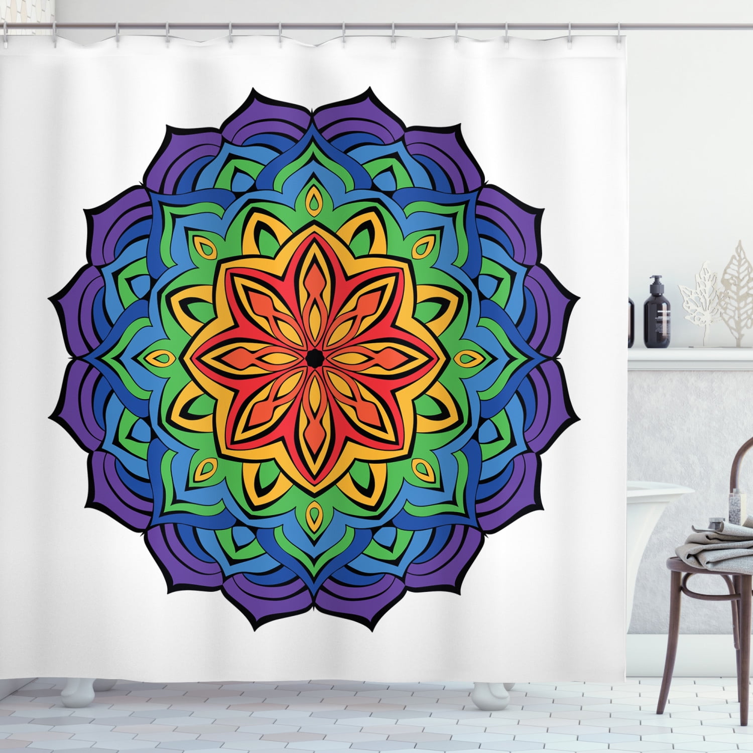 Rainbow Mandala Shower Curtain, Colorful Mandala Design with Blossoming ...