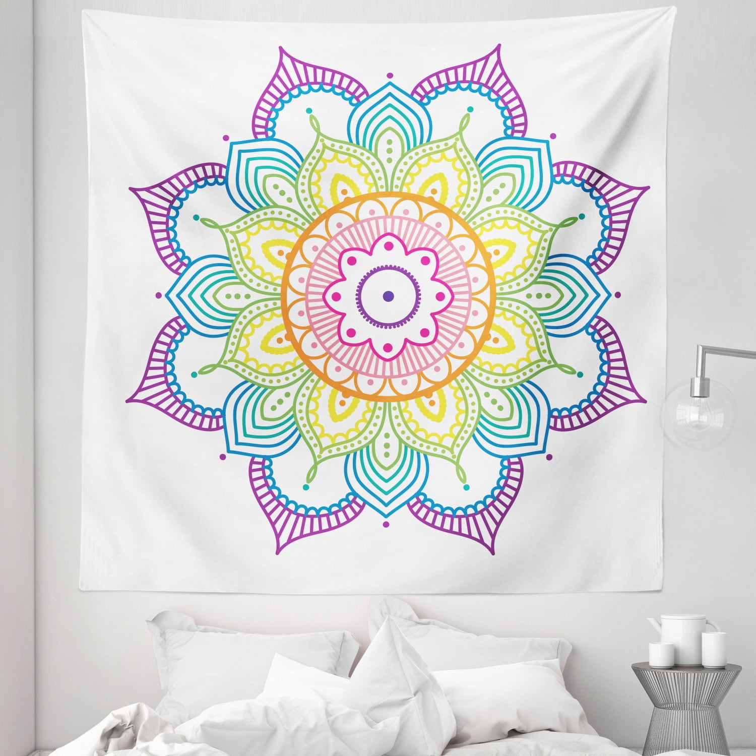 Rainbow Mandala Tapestry, Outline Style Mandala Flower with Scales and ...