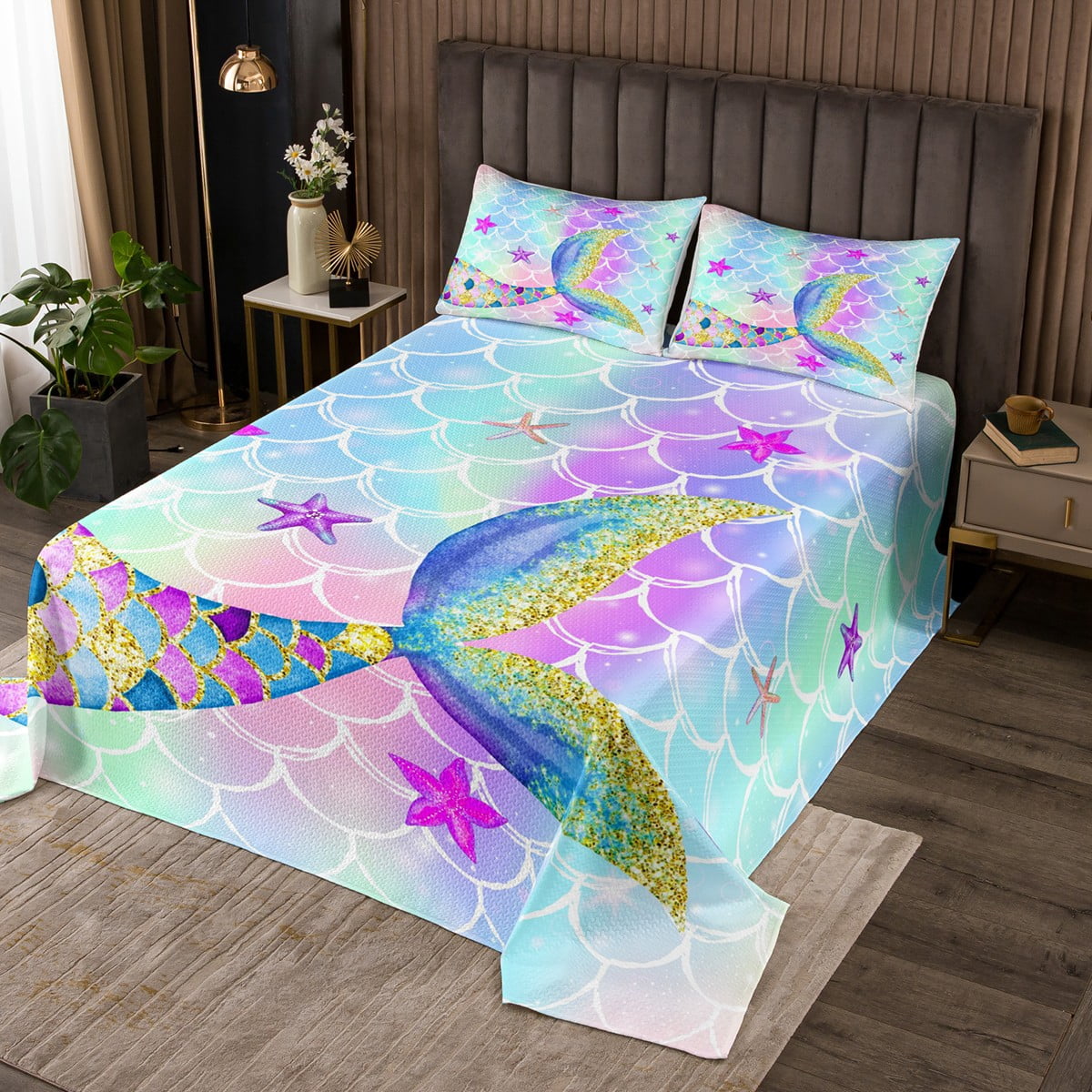 Rainbow Mermaid Bedspread Set Mermaid Tail Quilt Set Girls Fish Scales ...