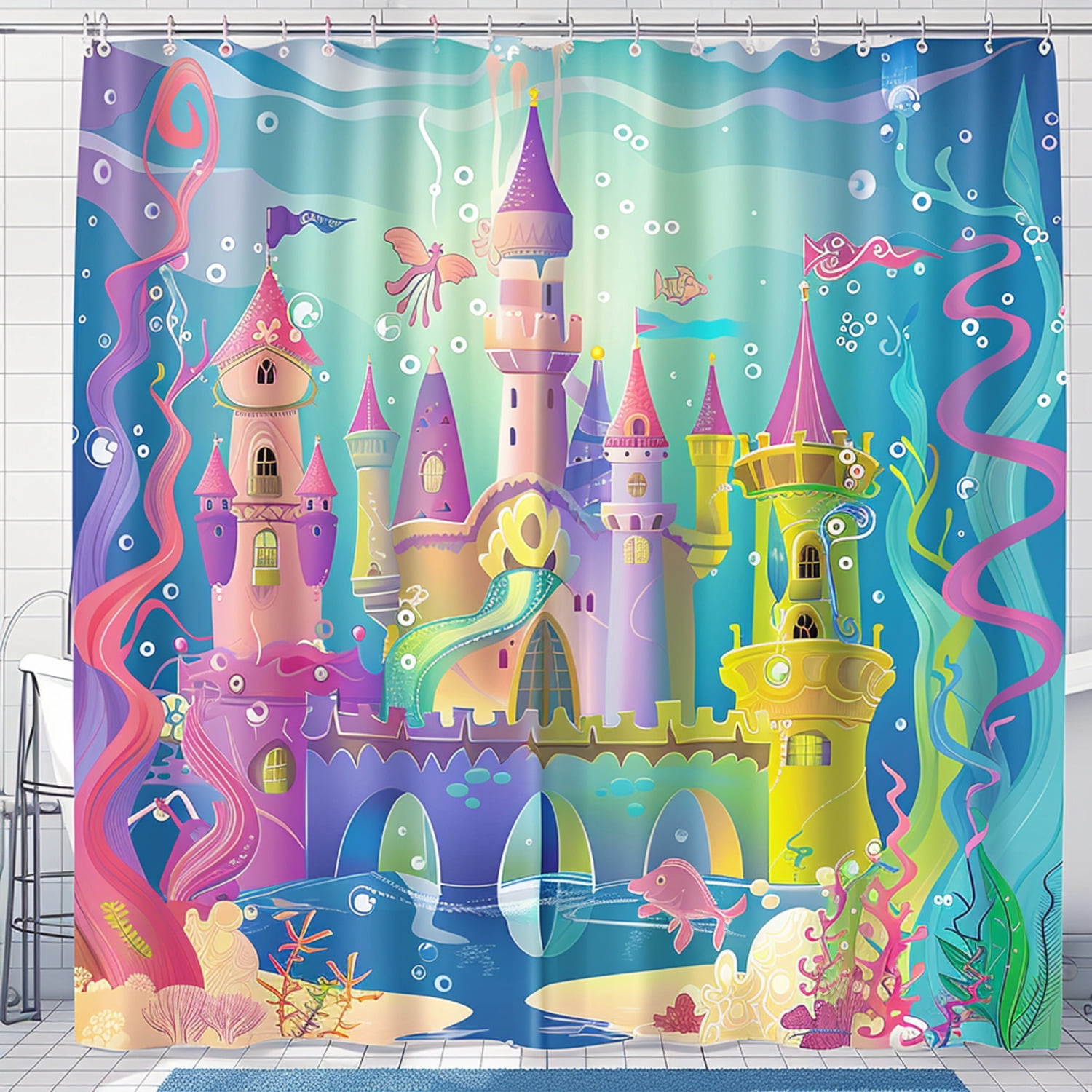 Rainbow Mermaid Castle Under The Sea Cartoon Style Shower Curtain