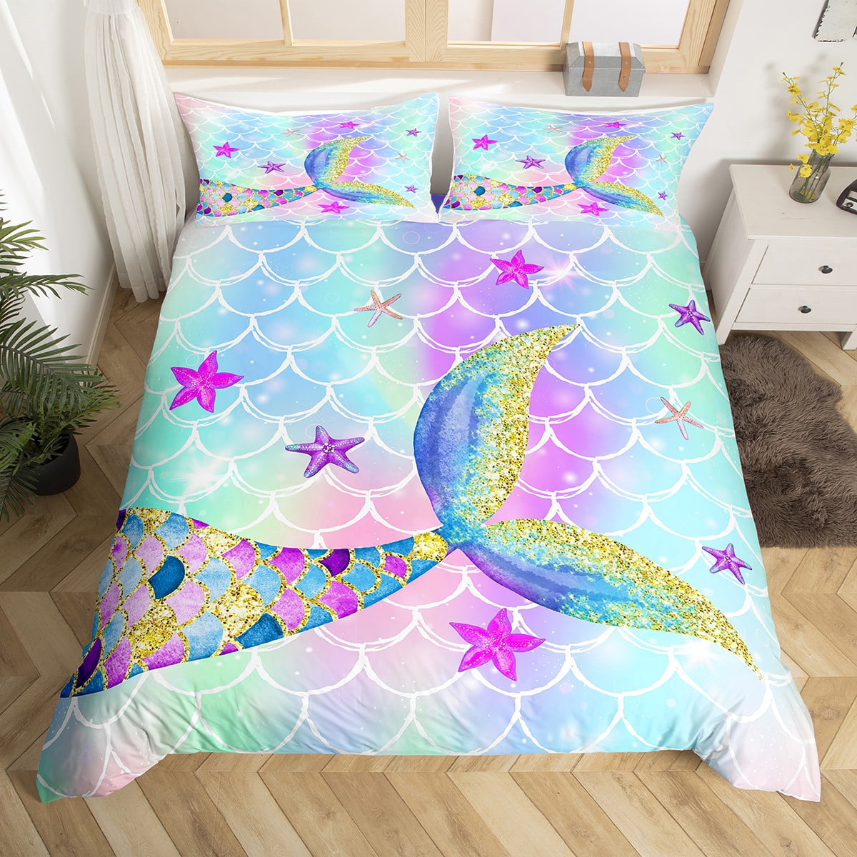 Rainbow Mermaid Comforter Cover Mermaid Tail Duvet Cover Girls Fish ...