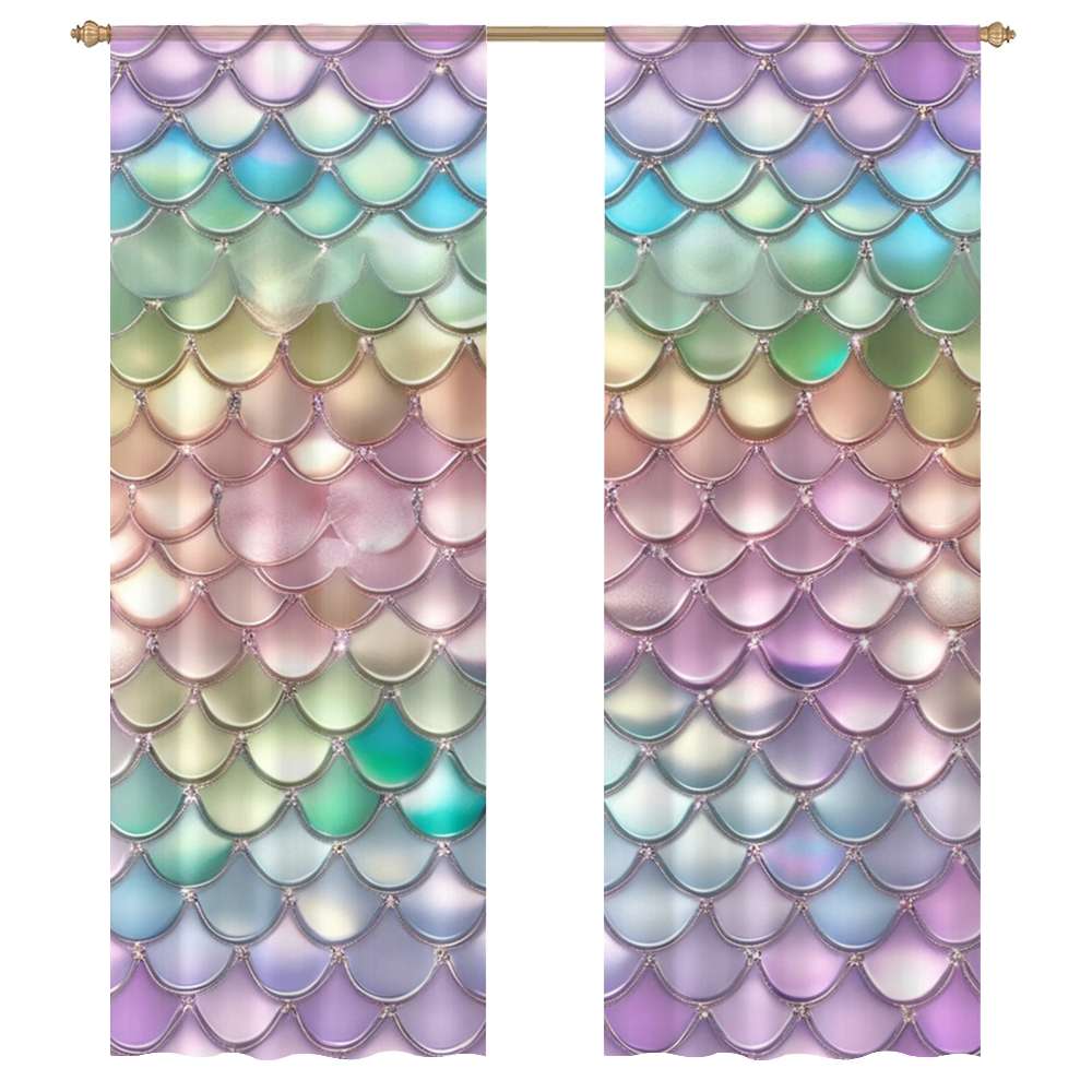Rainbow Mermaid Scales Modern Tulle Window Curtains for Living Room ...