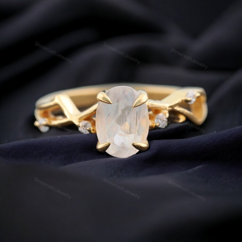 Rainbow Moonstone Engagement Ring Diamond Twisted Bridal Ring Art Deco ...