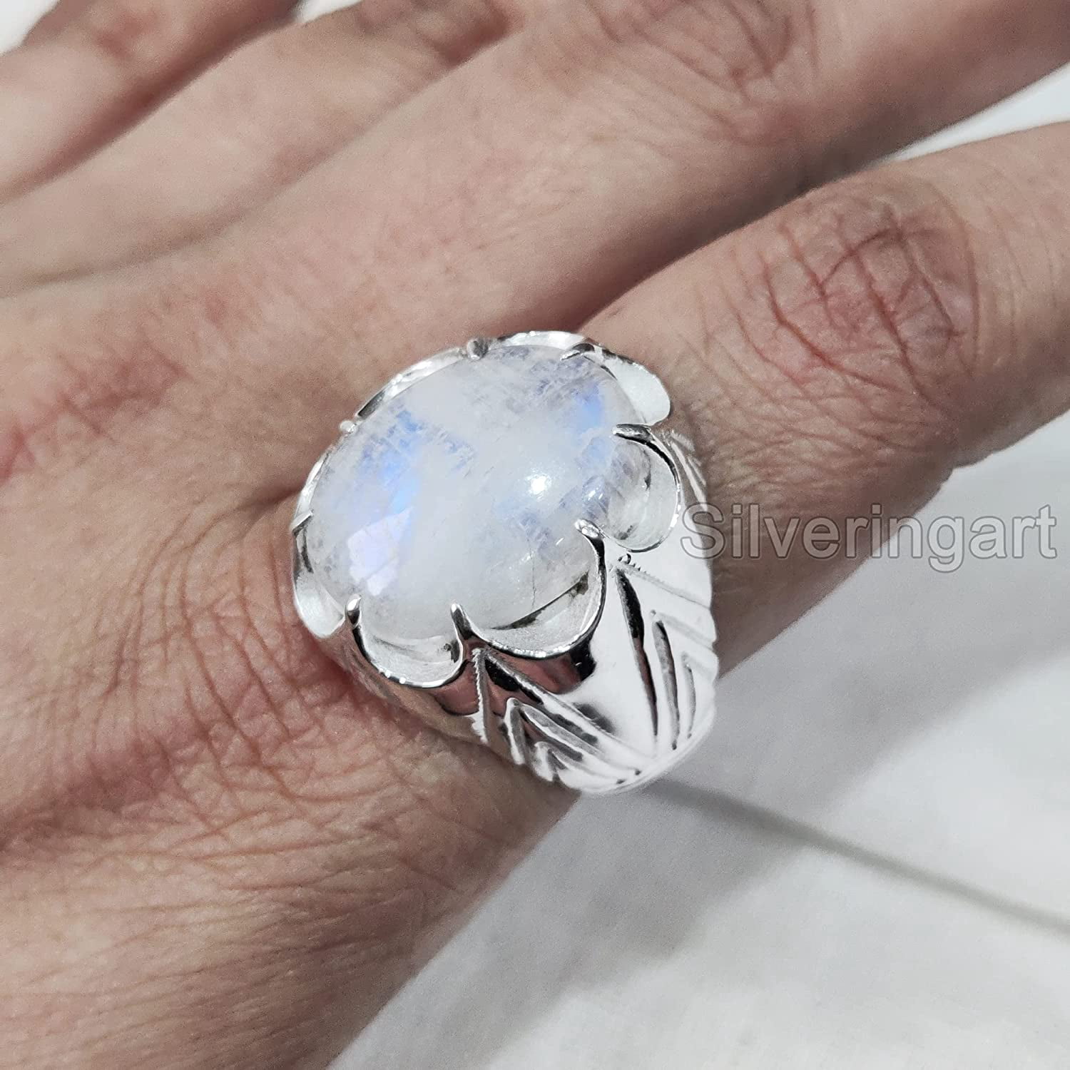 Rainbow Moonstone Mans Ring, Natural Blue Fire Rainbow Moonstone ...