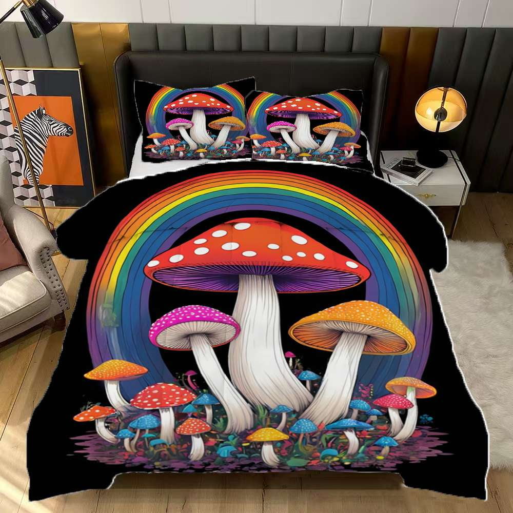 Rainbow Mushroom Fantasy Comforter Set Queen Size Bedding Set For Travl Bedroom Decor Quilt With ...