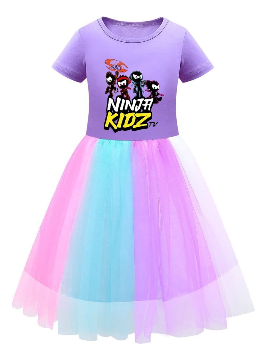 Rainbow Ninja Kidz Girls Tulle Dress – Cute Cartoon Character Print ...