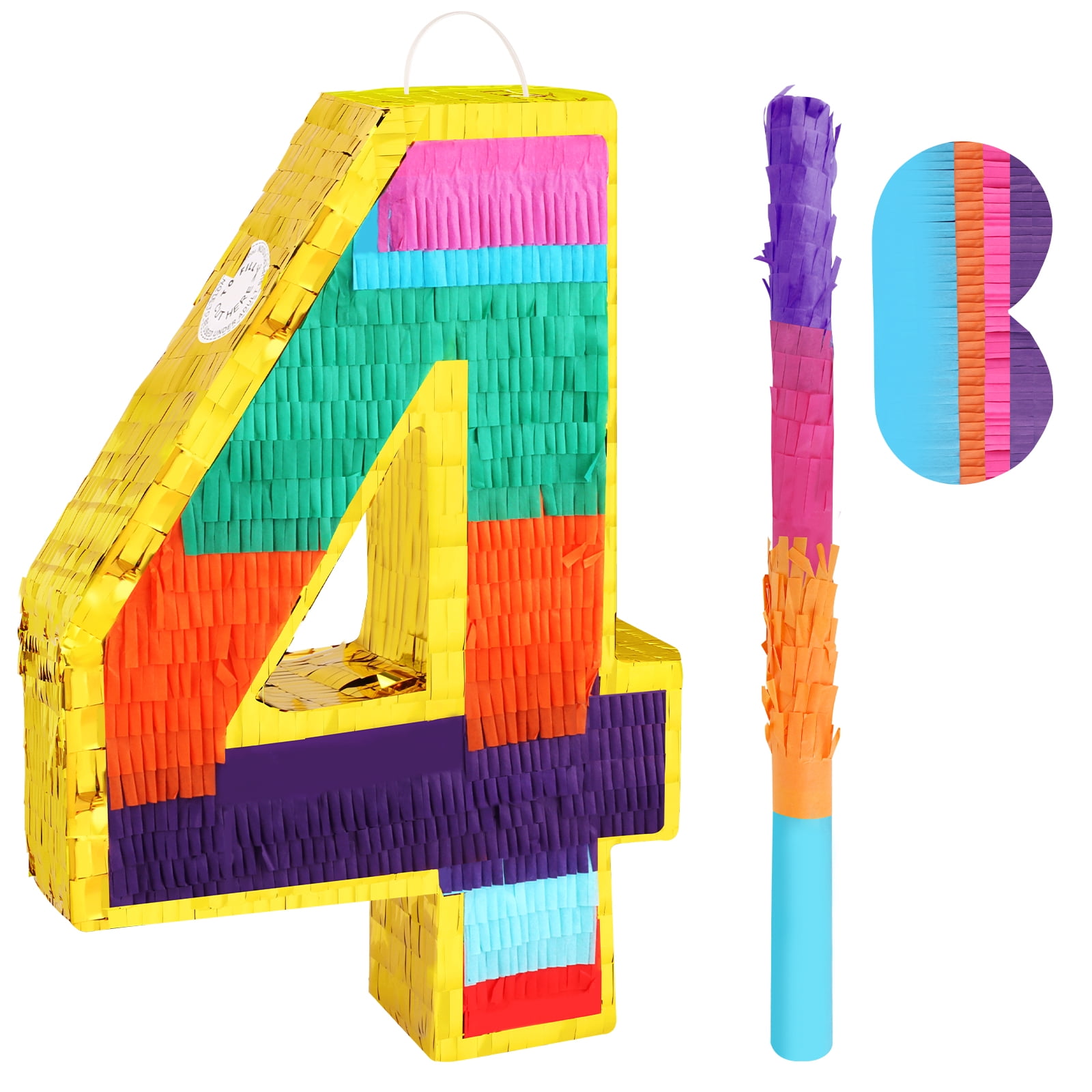 Rainbow Number 4 Pinata with a Blindfold and Bat for Boys Girls 6th ...