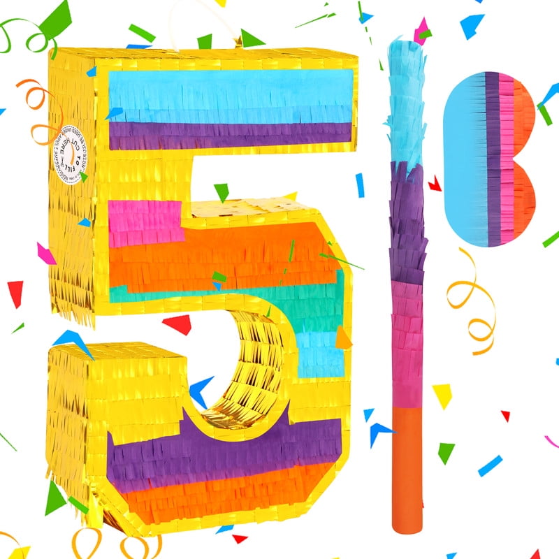Rainbow Number 5 Pinata with a Blindfold and Bat for Boys Girls 5th ...