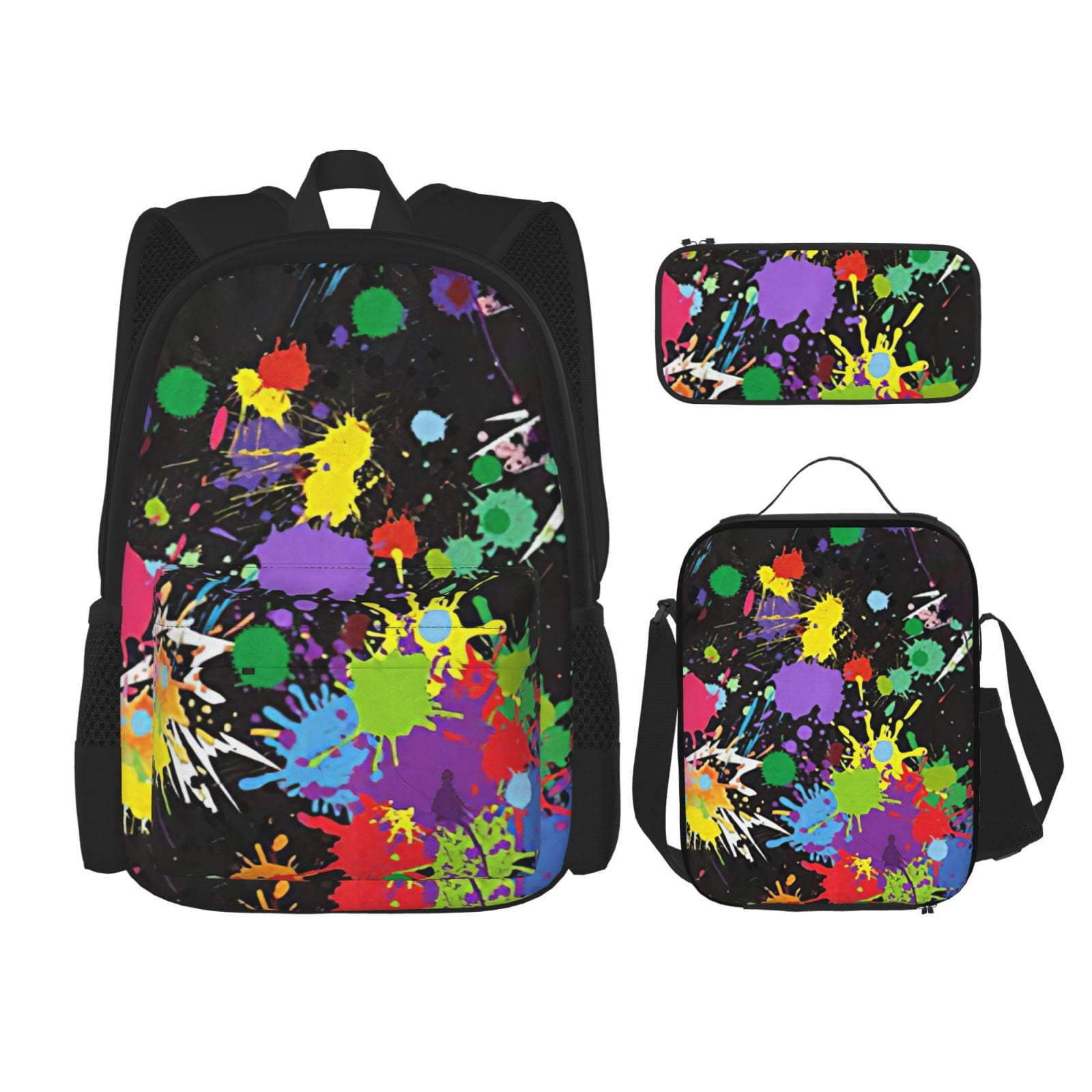 Rainbow Of Neon Paint Splatters Backpack Insulated Lunch Bag Pencil ...