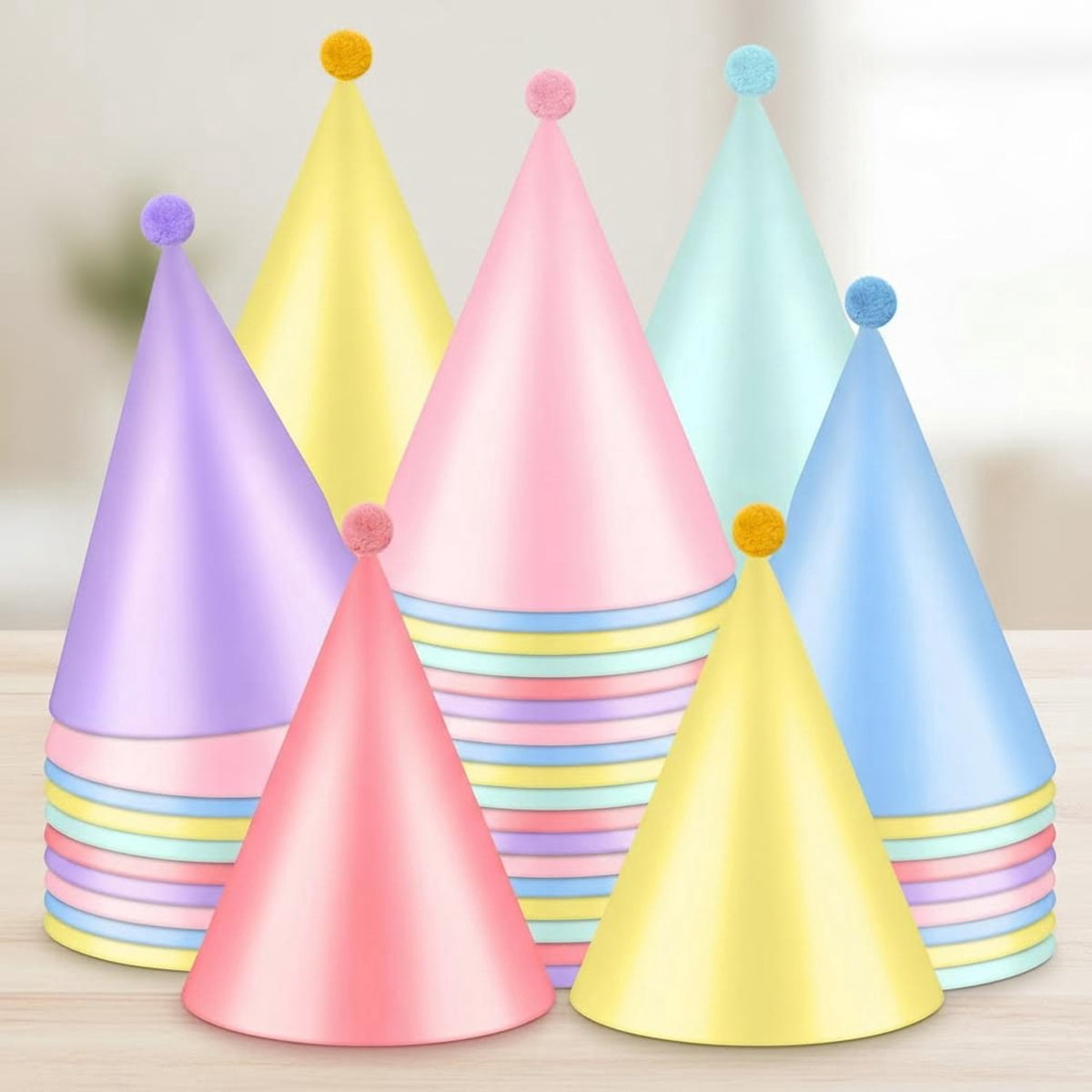 Rainbow Party Hats with Pom Pom and Elastic Cord Pastel Themed Cone ...