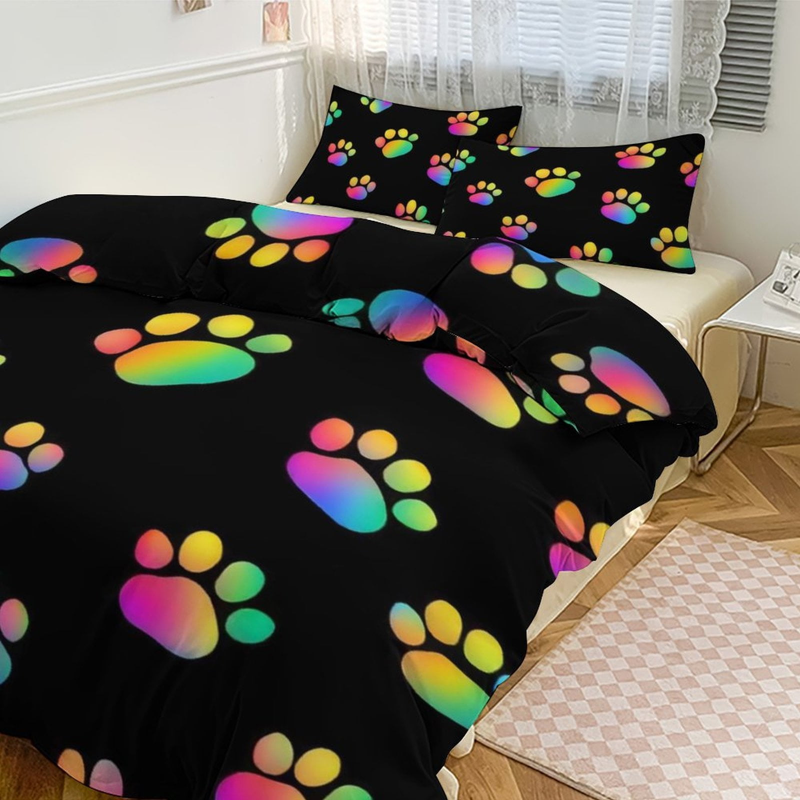 Rainbow Paw Prints Black Background 90"x90" 3 Pcs Soft Bedding Set ...