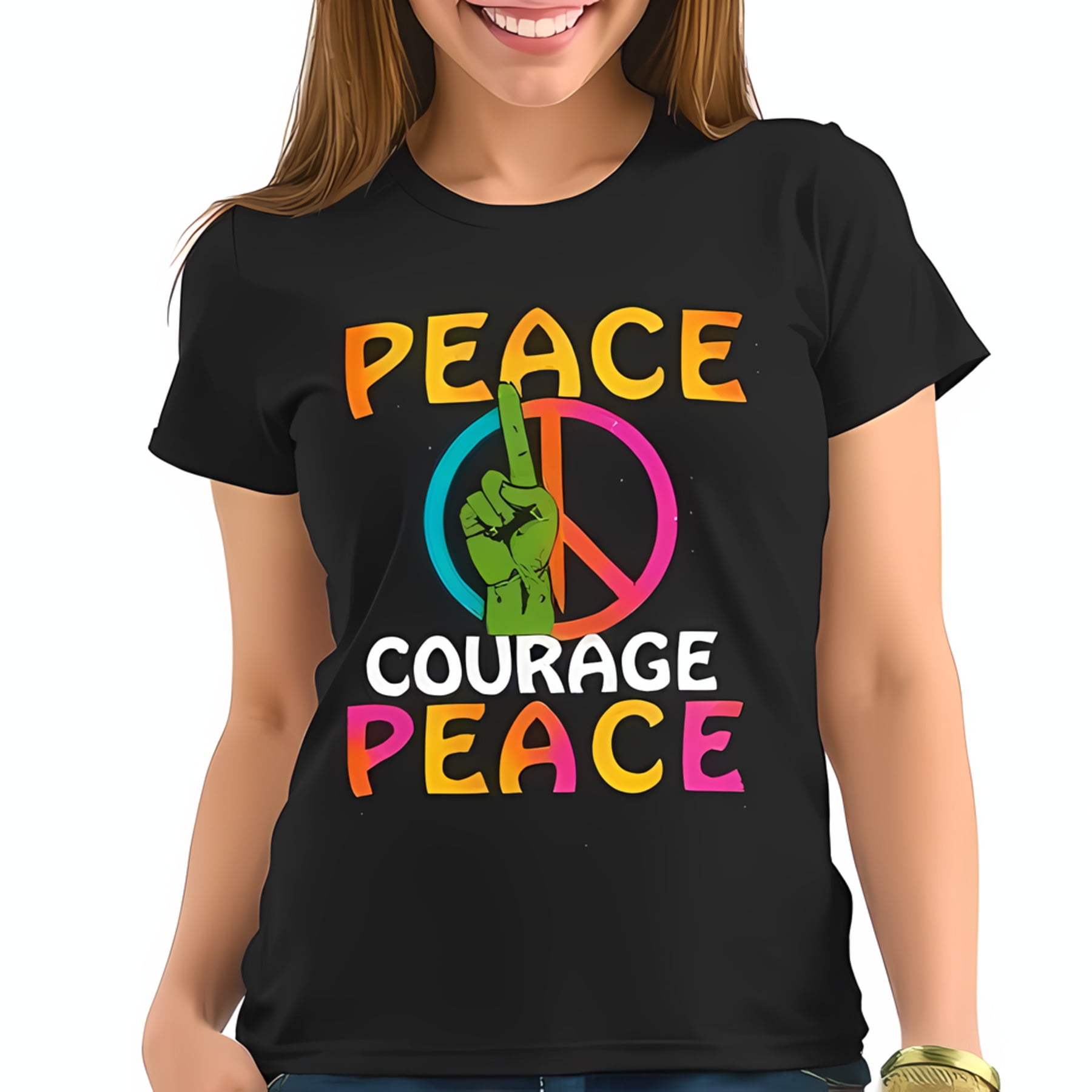 Rainbow Peace Symbol Cotton Short Sleeve T-Shirt with Green Hand ...