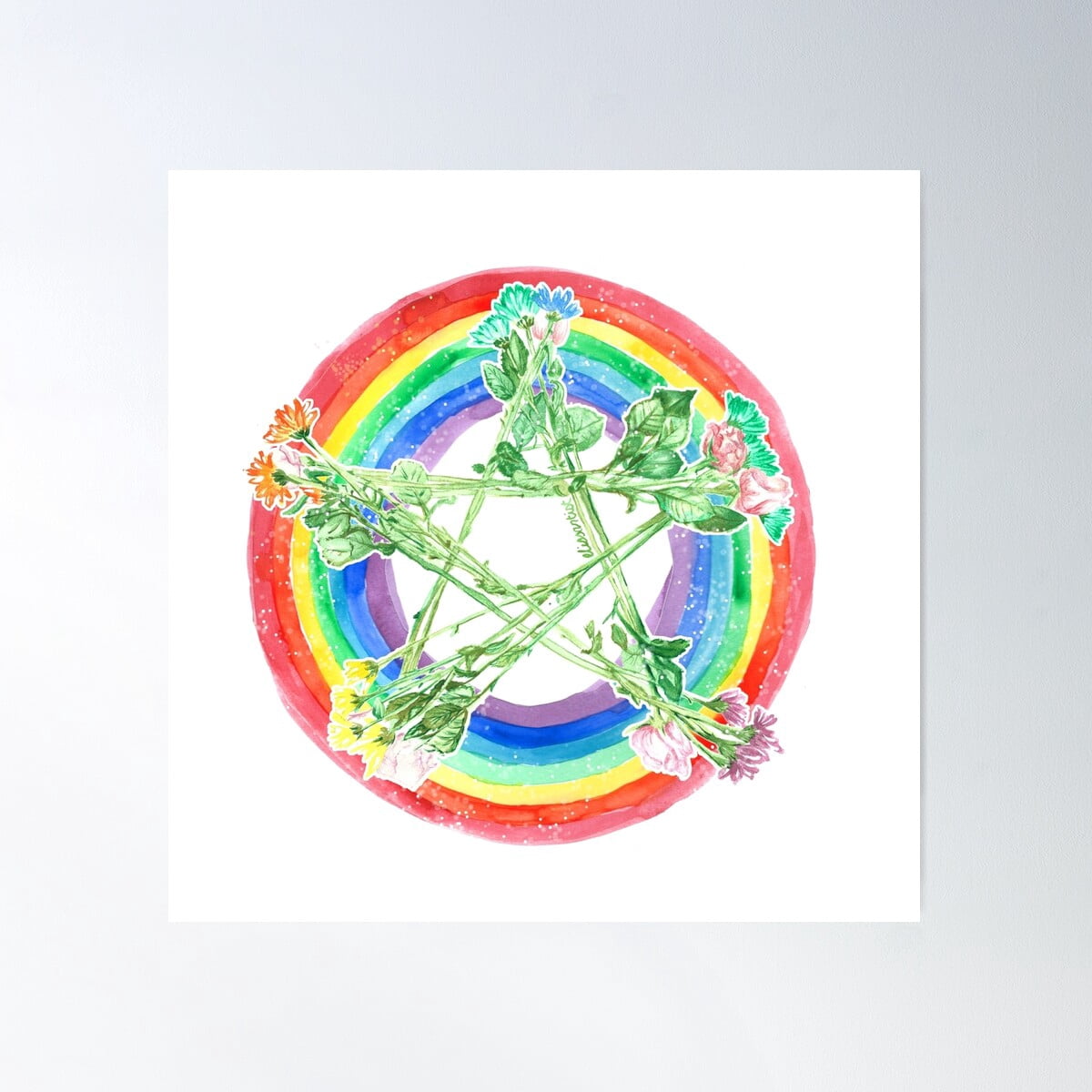 Rainbow Pentagram With Botanical Flowers Poster Wall Art, Modern Wall ...