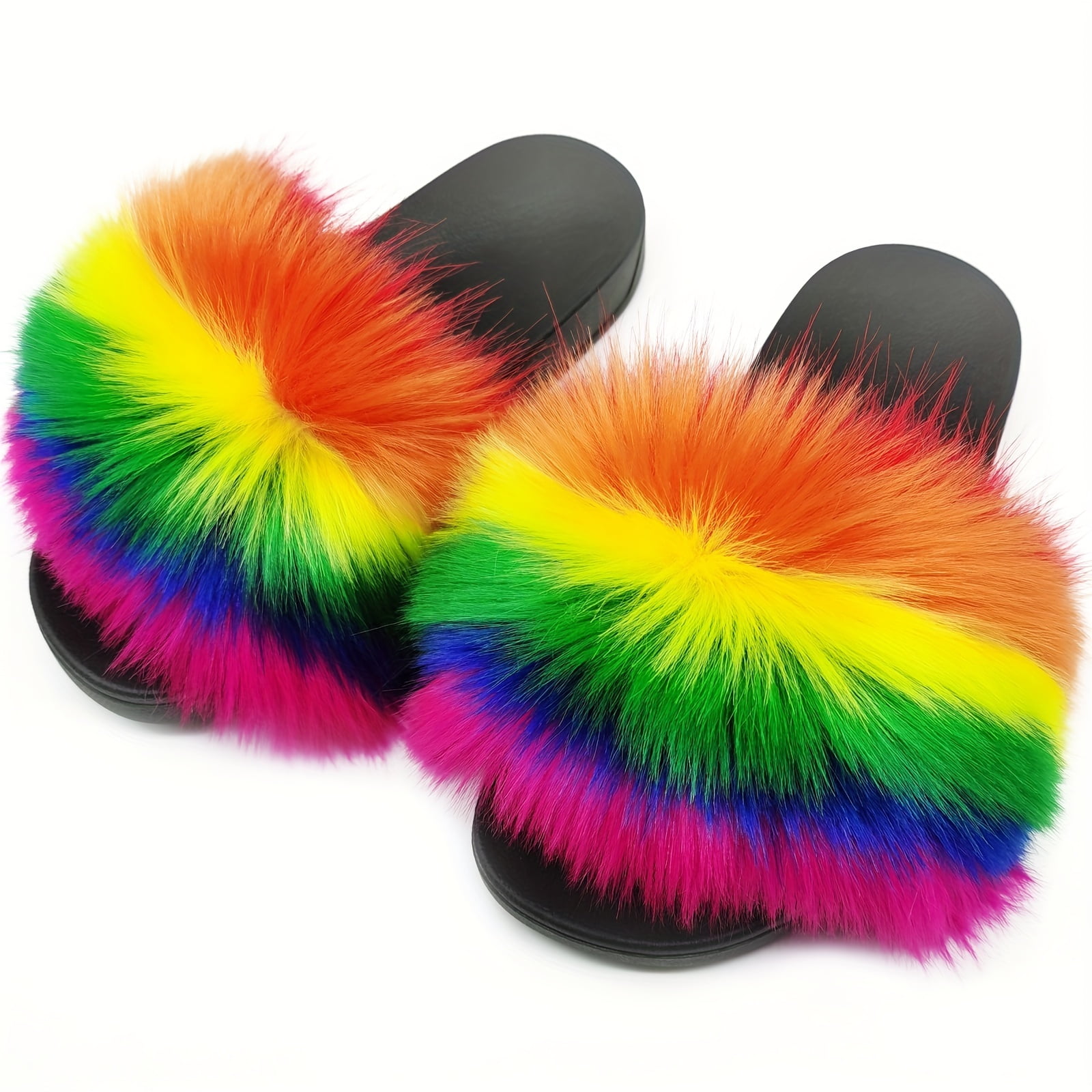 Rainbow Plush Faux Fur Slides Slippers - Ultra Comfort Cozy House Shoes ...