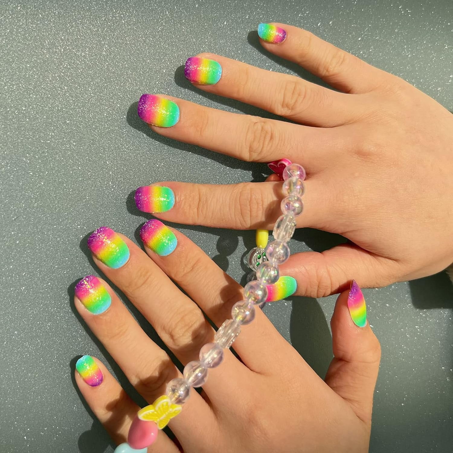 Rainbow Press on Nails for Kids Pre-glue Children Fake Nails Bling ...