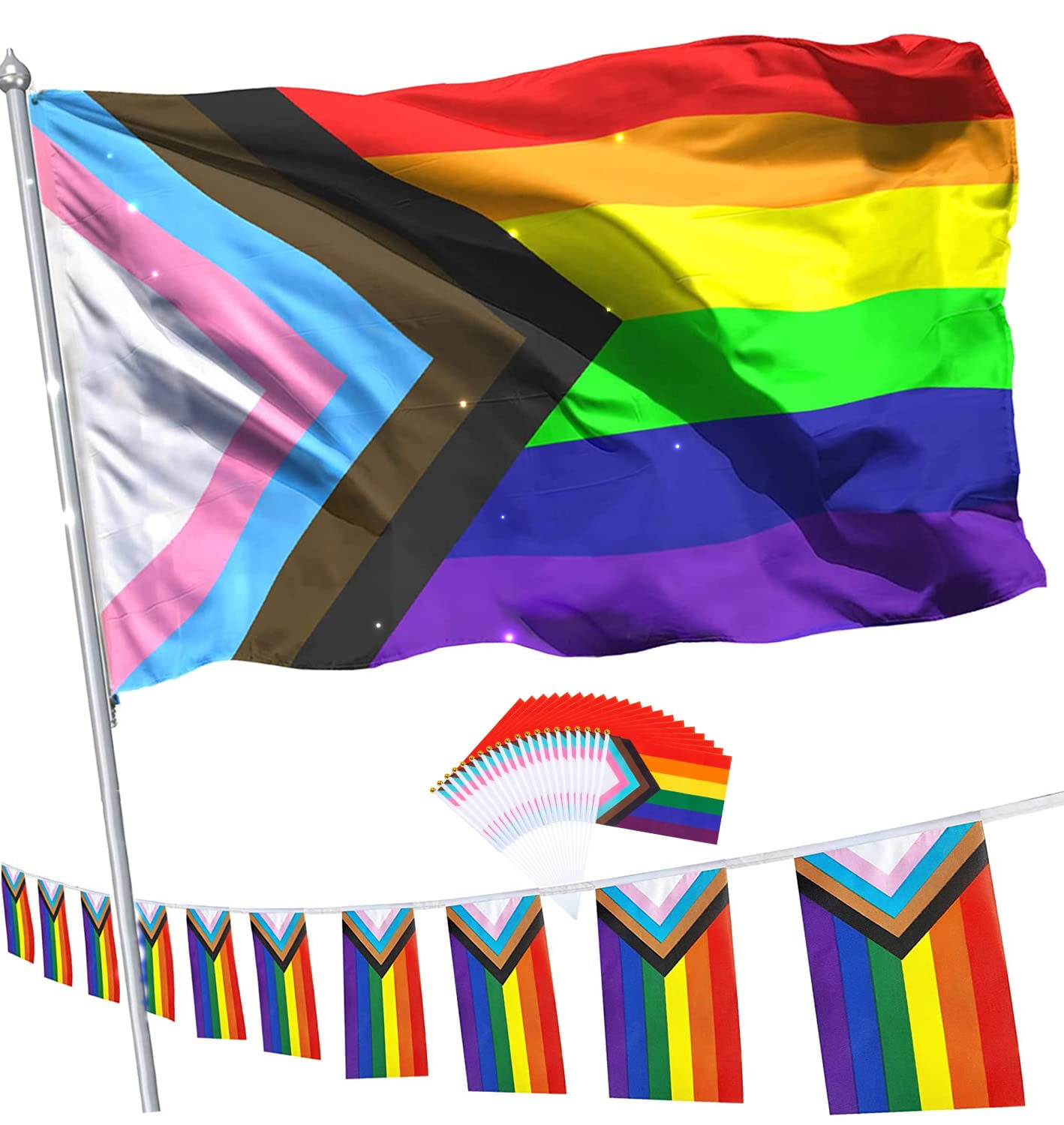 Rainbow Pride Flag Decorations Bundle (3'x5' Flag, 10x Handheld Flags ...