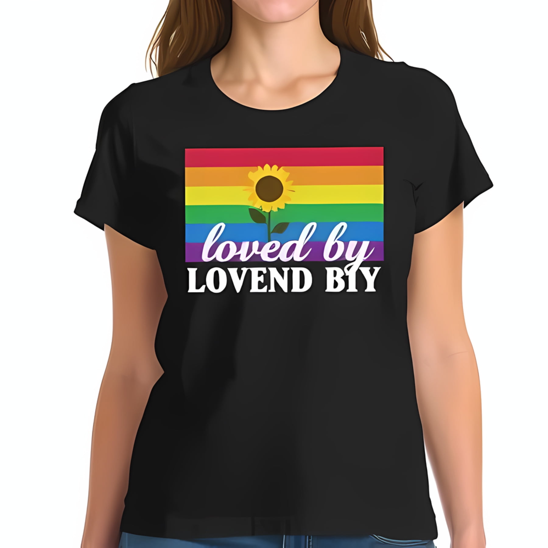 Rainbow Pride Flag & Sunflower Cotton Short Sleeve T-Shirt - " Loved by ...