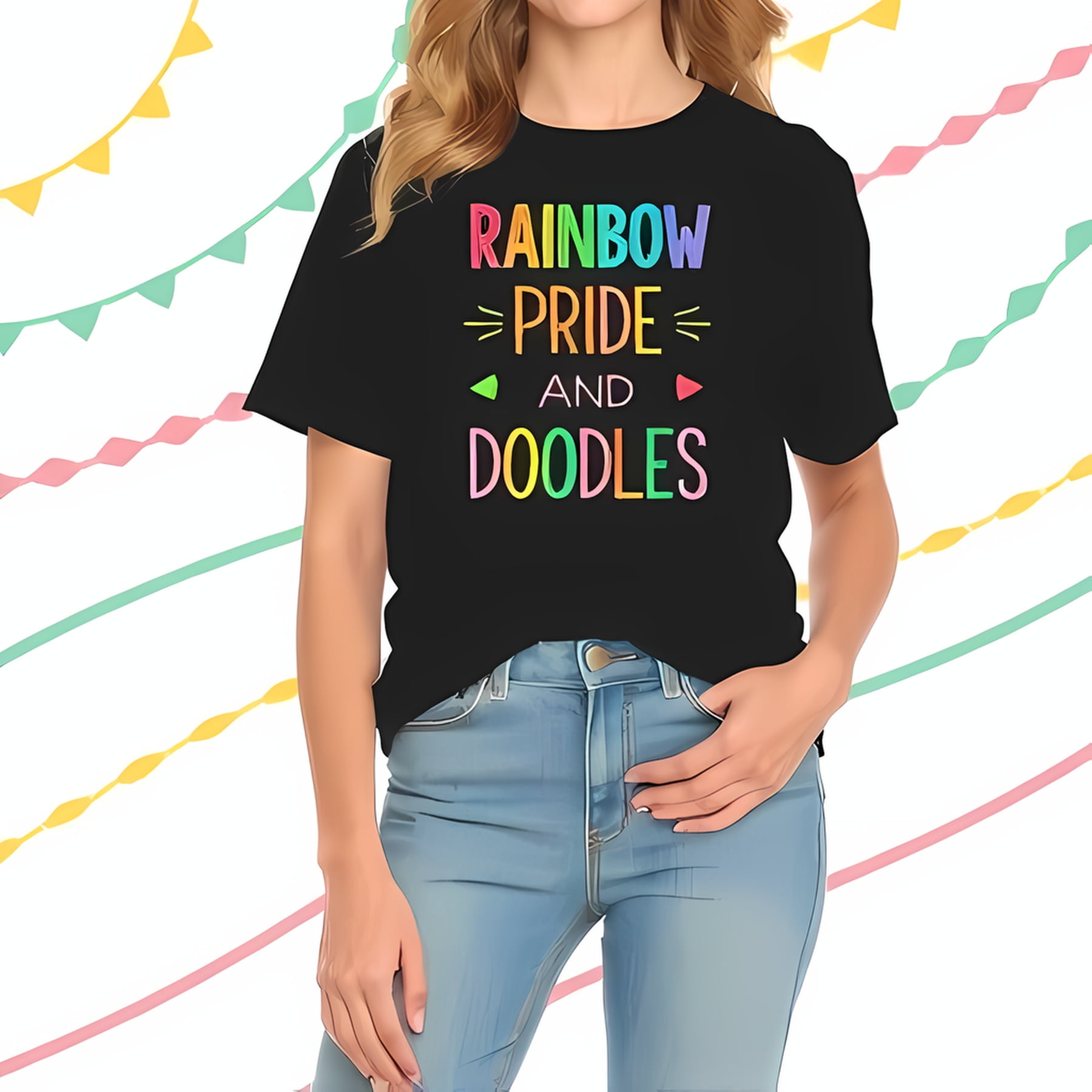 Rainbow Pride and Doodles T-Shirt - Vibrant Inclusivity Design Casual ...