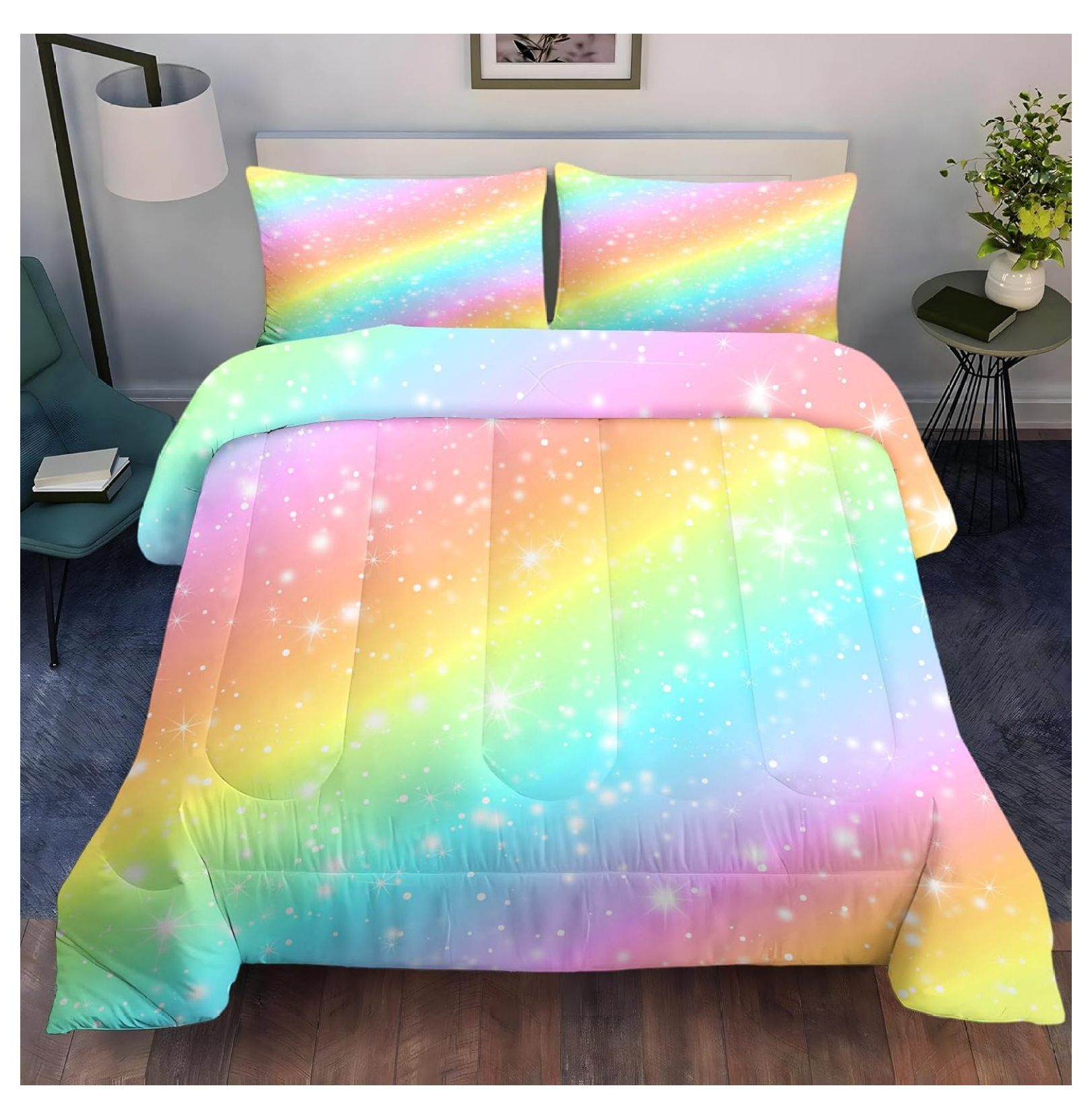 Rainbow Queen Comforter Sets Kids Bedding Sets Stars Glitter Comforter ...