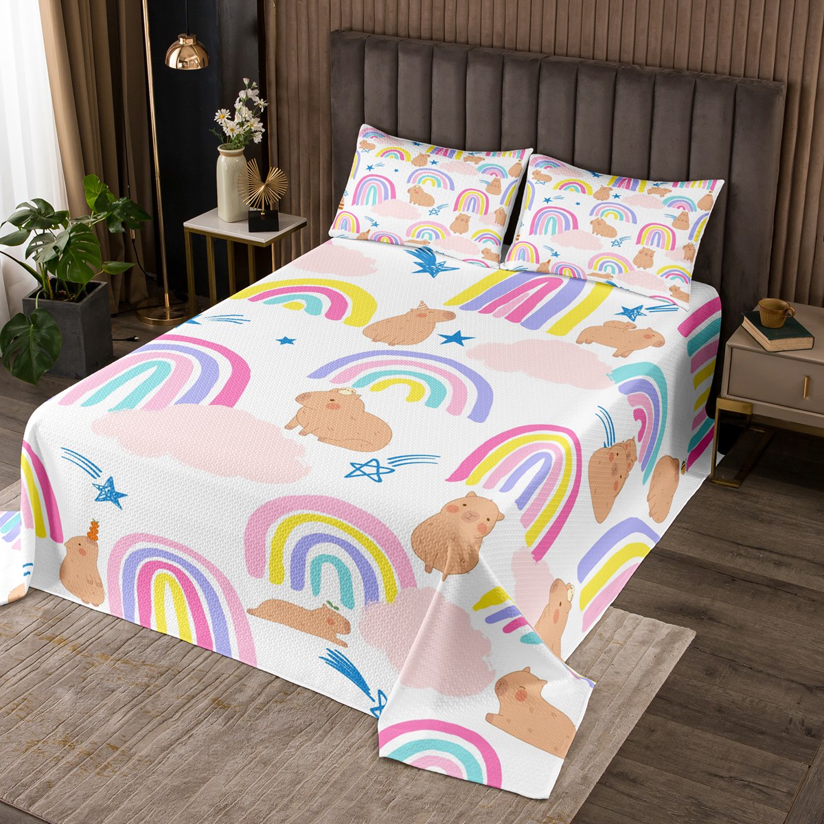 Rainbow Quilt Set For Girls Kids, Cartoon Capybara Coverlet Set Queen ...