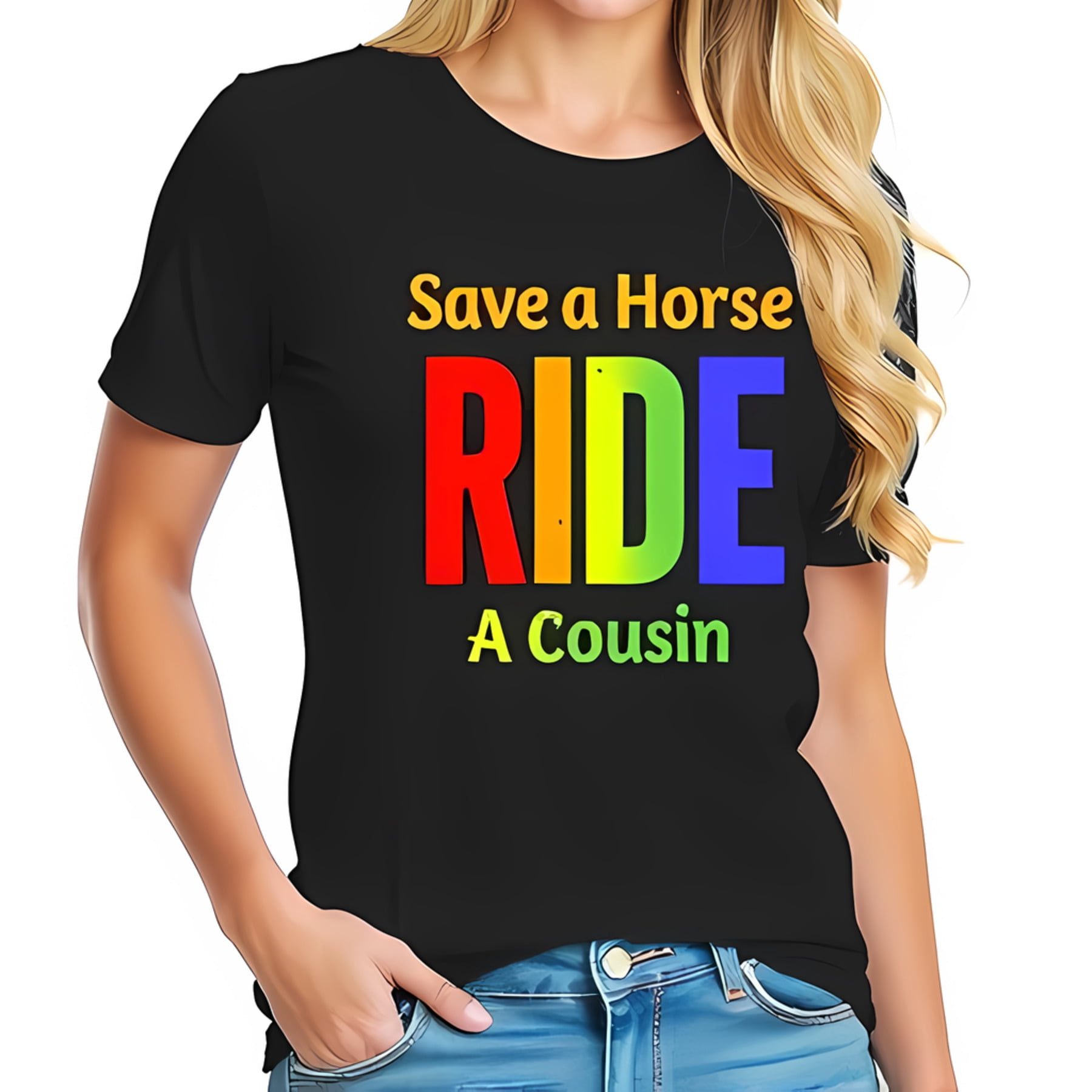 Rainbow 'RIDE' Graphic Cotton Short Sleeve T-Shirt - 'Save a Horse ...