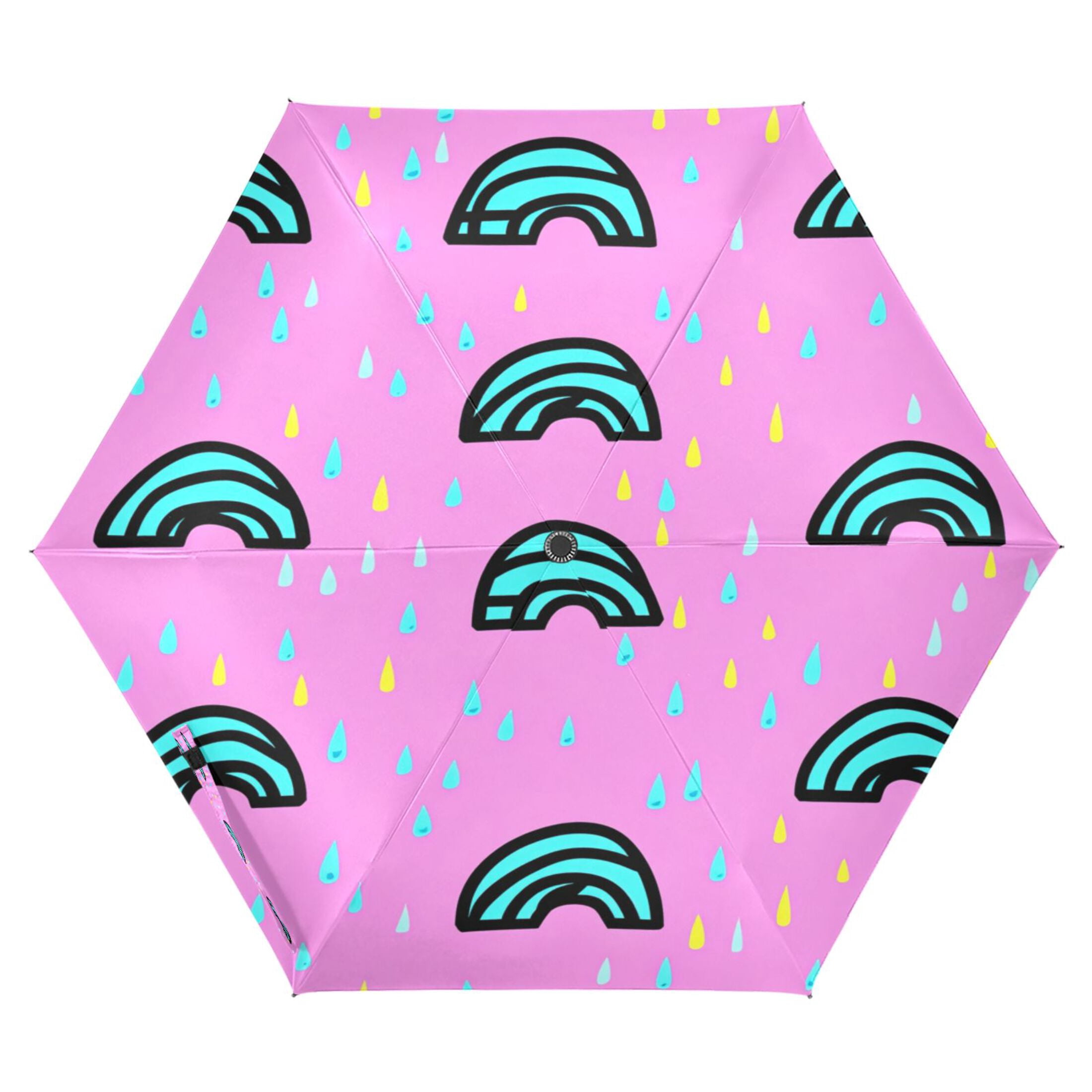 Rainbow Raindrops on Pink Folding Umbrella UV50+ Waterproof Sun ...